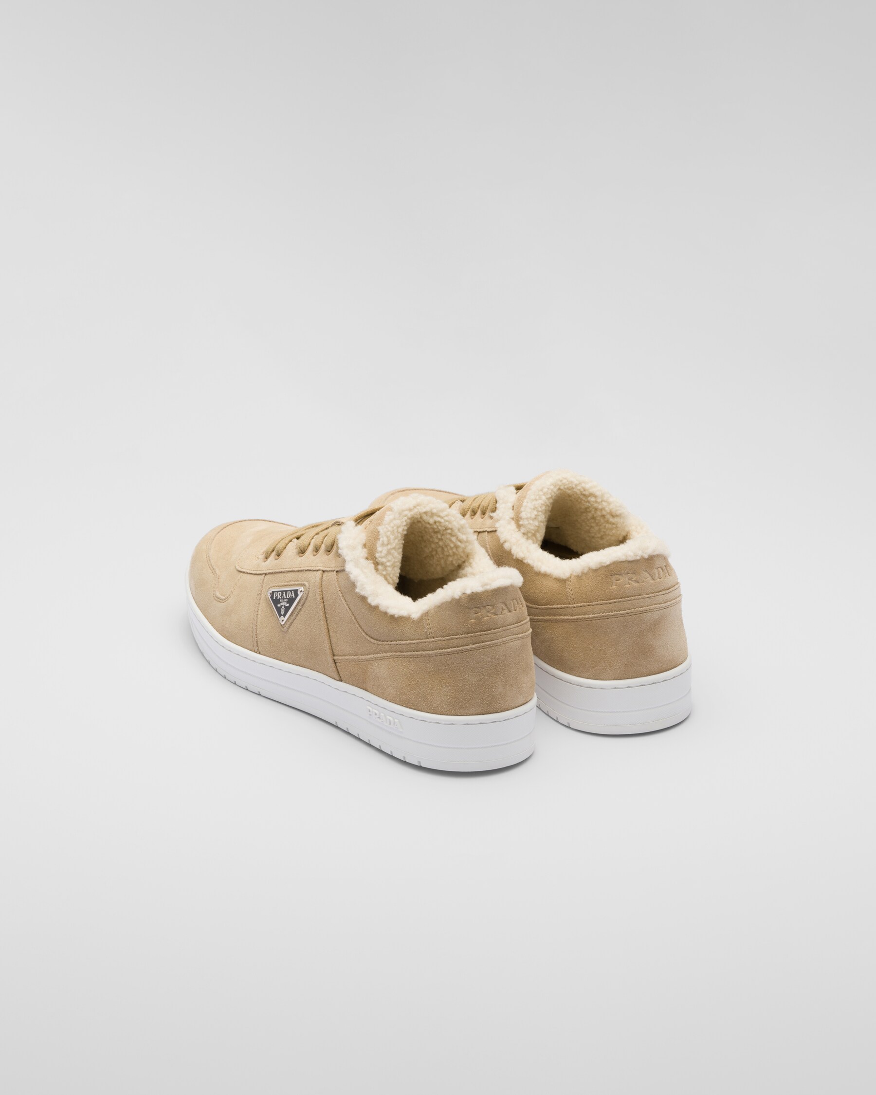 Ecru Downtown Suede Sneakers With Shearling Lining | PRADA