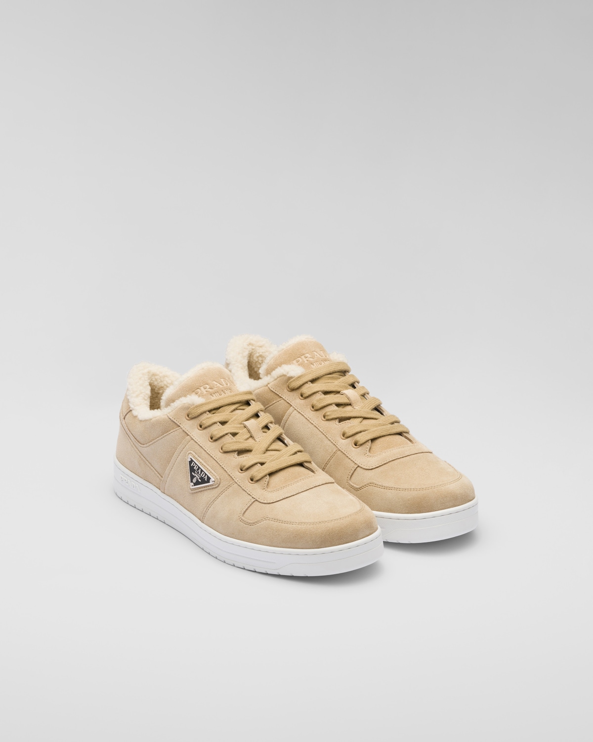 Ecru Downtown Suede Sneakers With Shearling Lining | PRADA