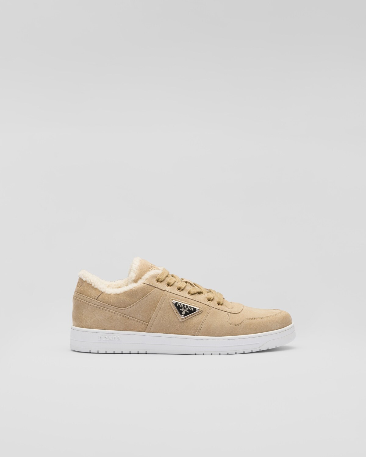 Ecru Downtown Suede Sneakers With Shearling Lining | PRADA