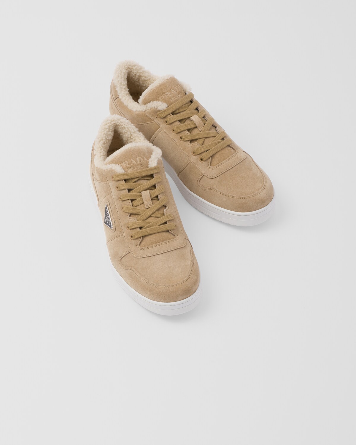 Ecru Downtown Suede Sneakers With Shearling Lining | PRADA