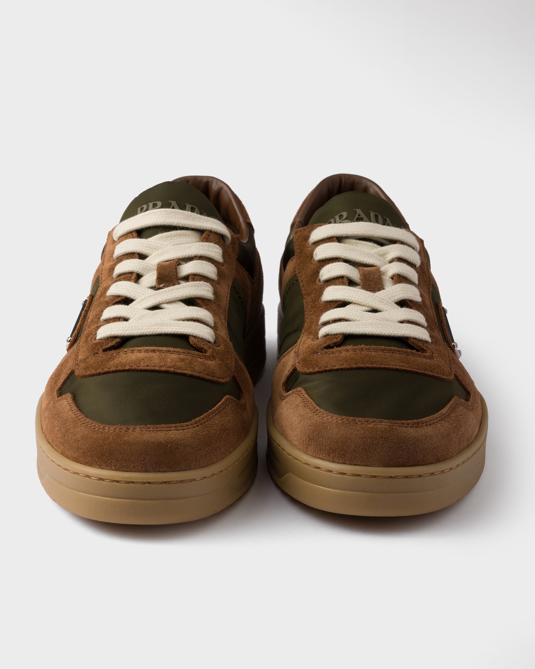 Cocoa Brown/moss Green Downtown Re-nylon And Suede Sneakers | PRADA