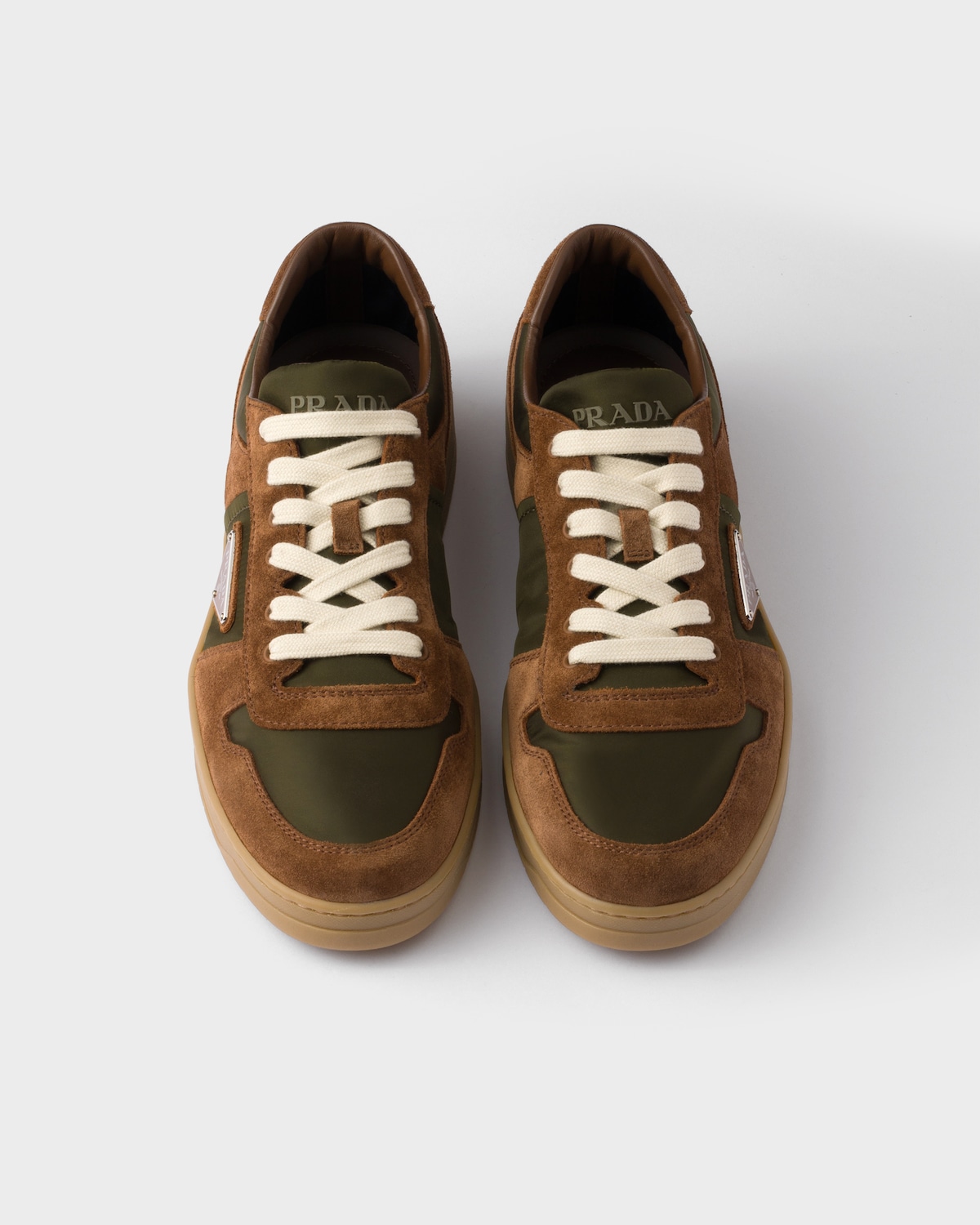 Cocoa Brown/moss Green Downtown Re-nylon And Suede Sneakers | PRADA