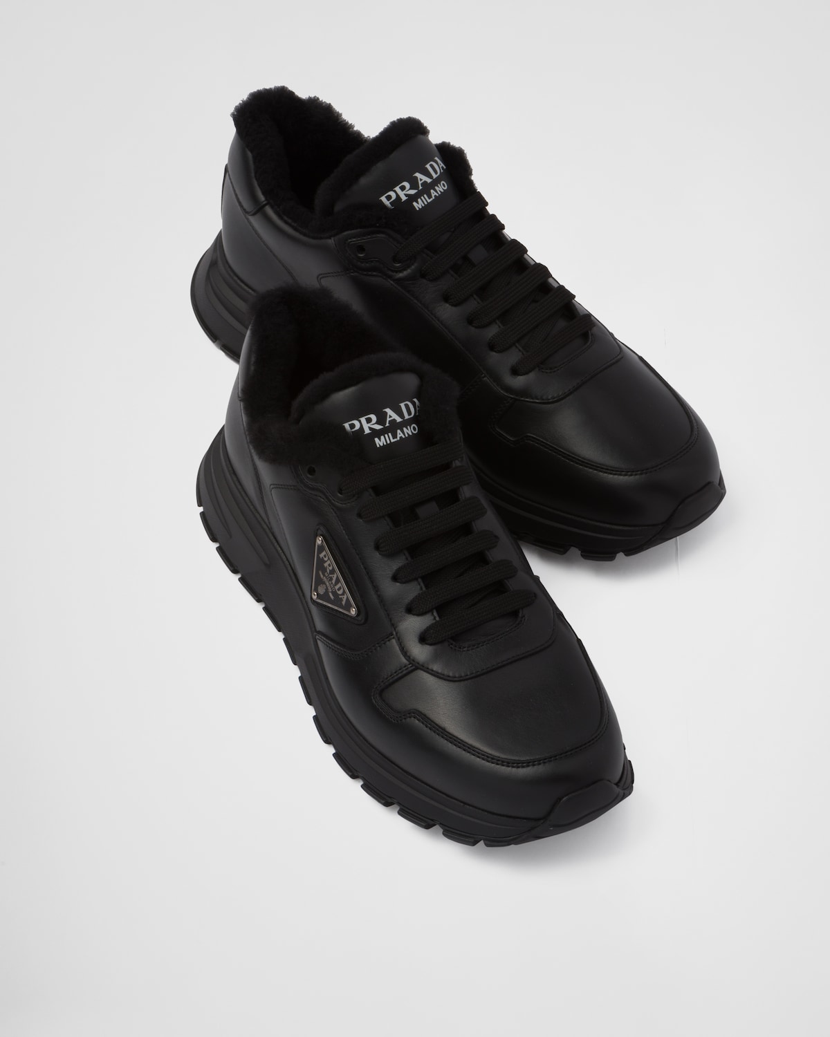 Black Prax 01 Leather An Shearling Sneakers | PRADA