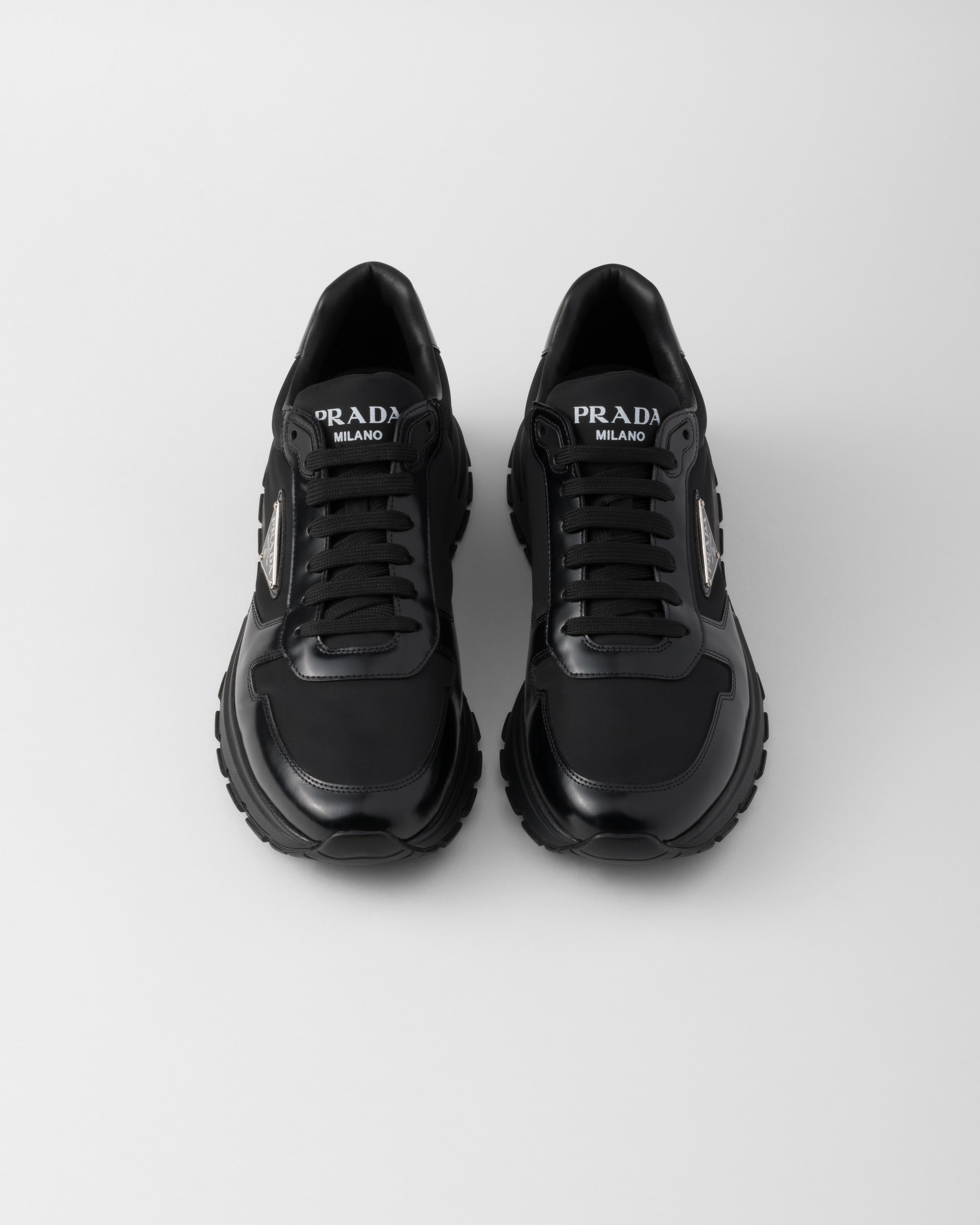 Black Prada Re-nylon And Brushed Leather Sneakers | PRADA