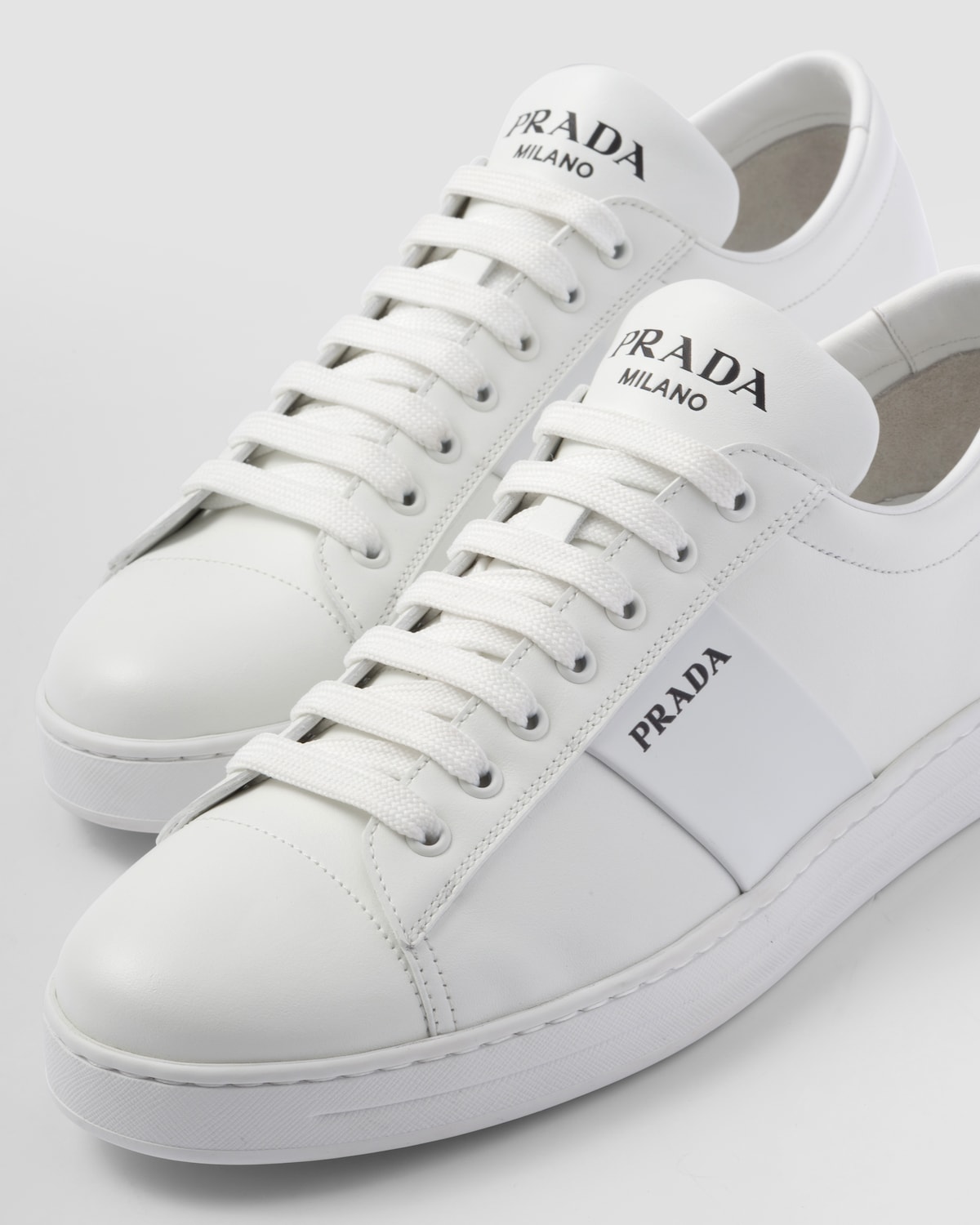 White Brushed Leather And Leather Sneakers | PRADA