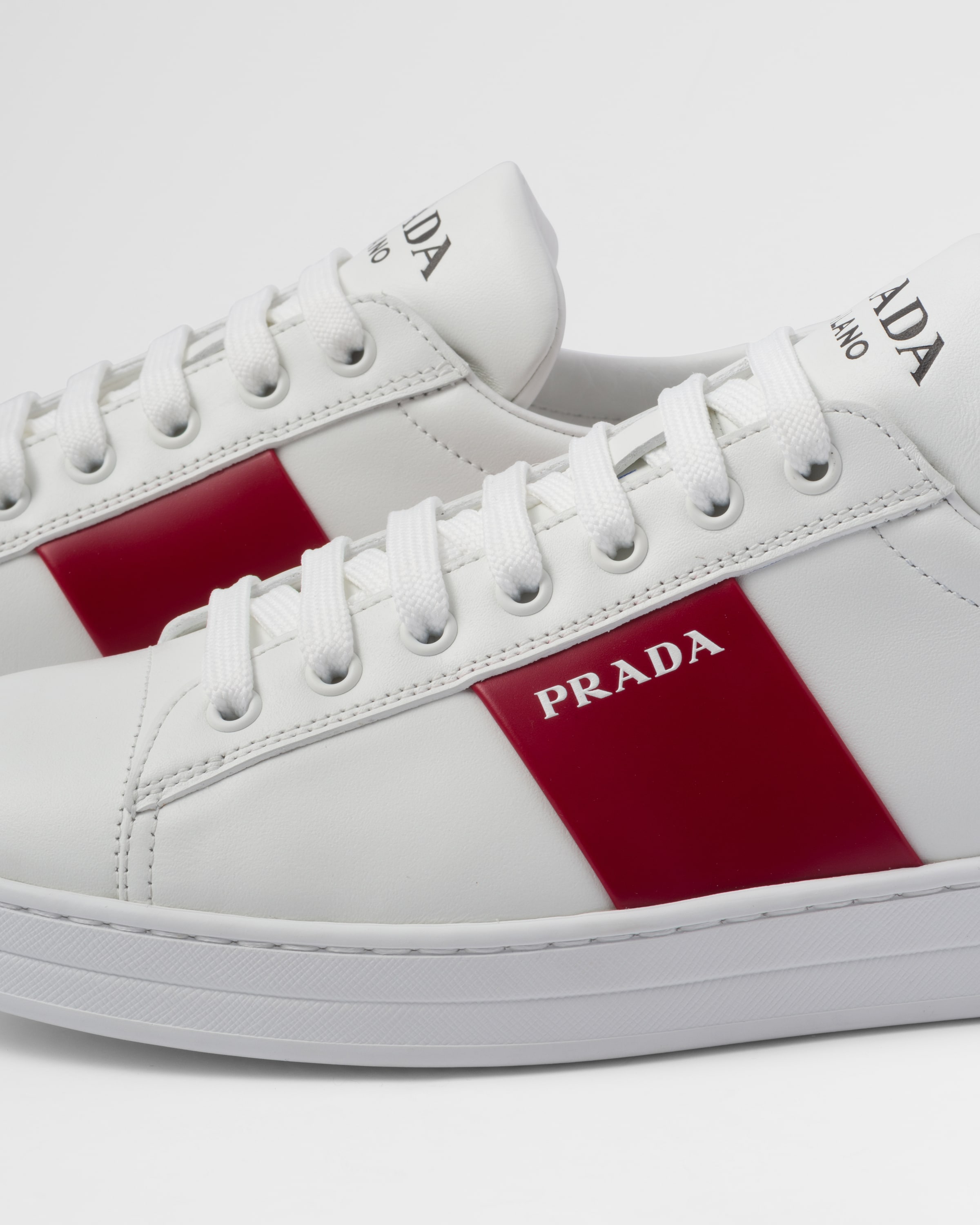 White/scarlet Brushed leather and leather sneakers | Prada