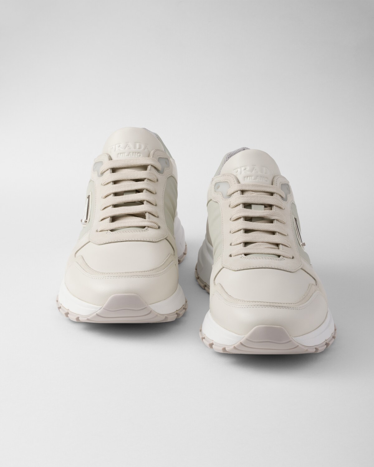Chalk White Nubuck And Re-nylon High-top Sneakers | PRADA