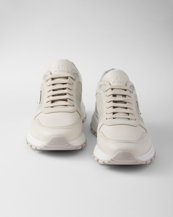 Chalk White Nubuck And Re-nylon High-top Sneakers | PRADA