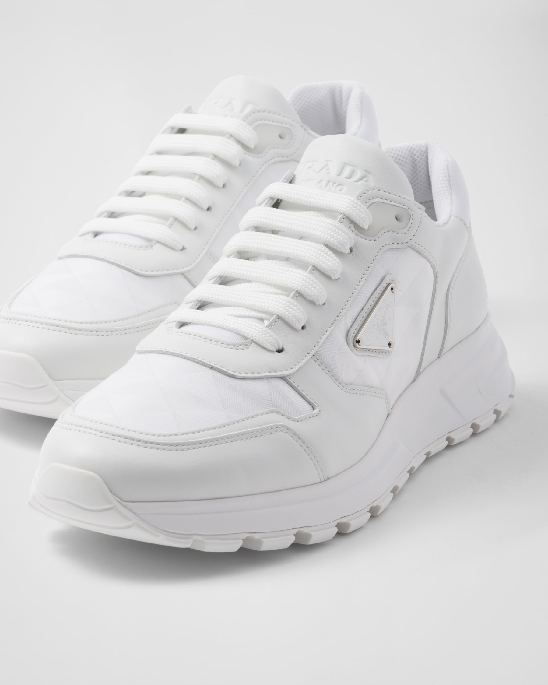 White Leather And Re-nylon High-top Sneakers | PRADA