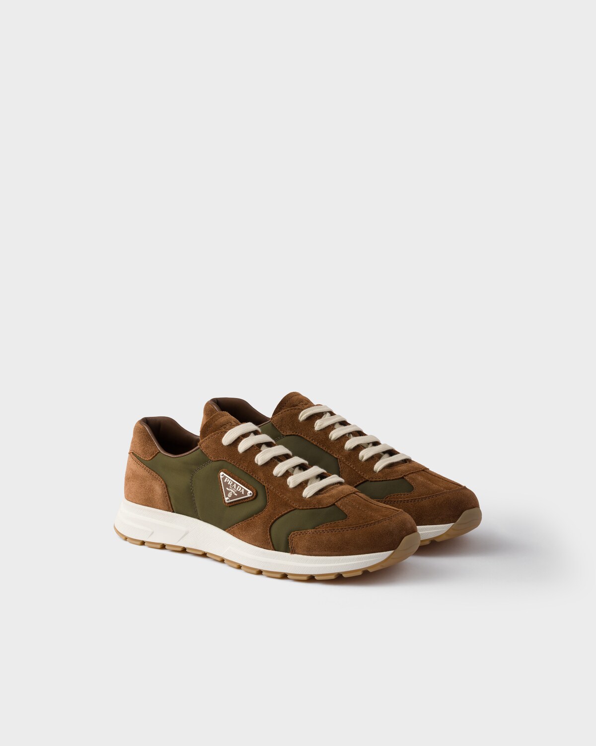 Cocoa Brown/moss Green Prax Suede And Re-nylon Sneakers | PRADA