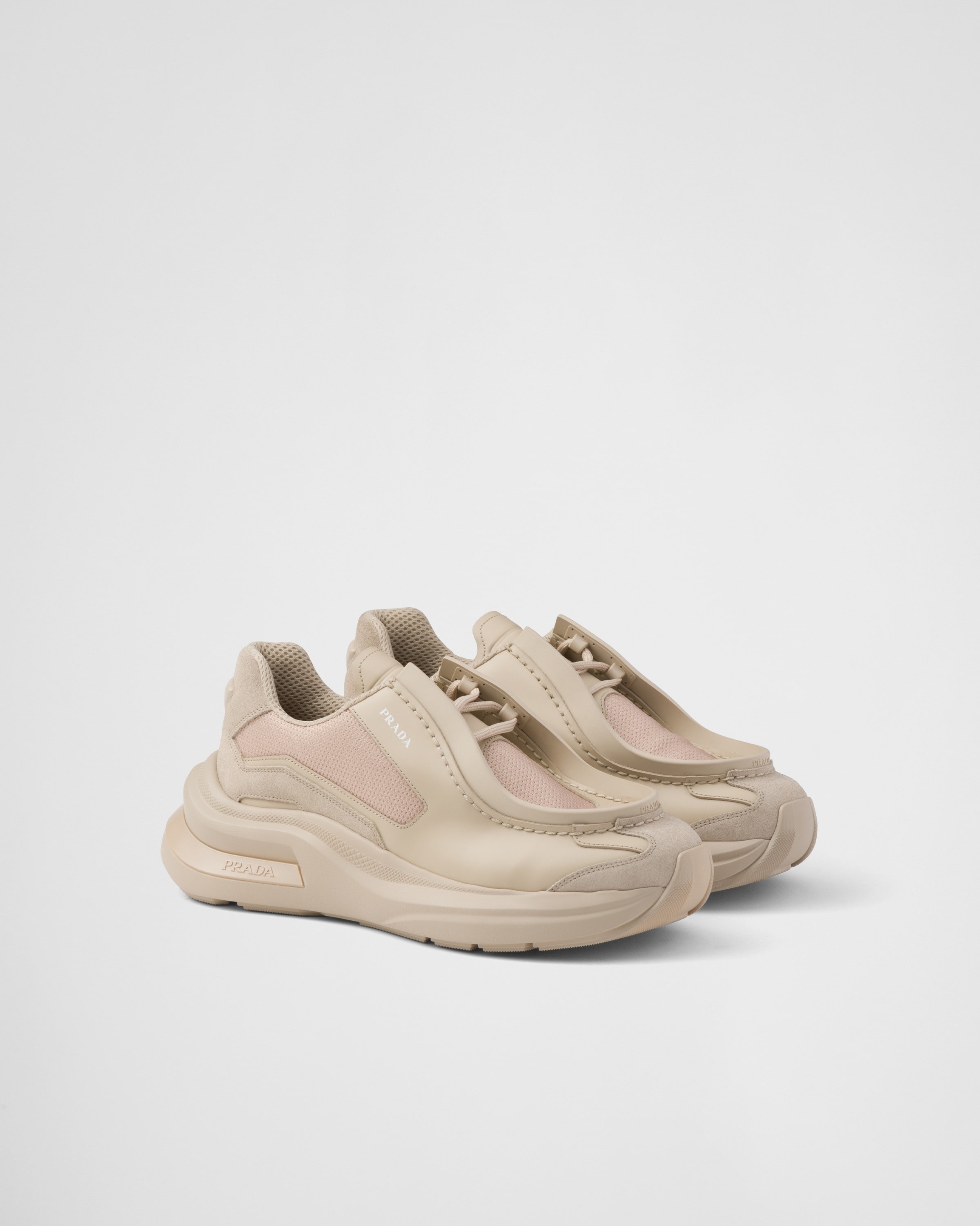 Prada Systeme Brushed Leather Sneakers With Bike Fabric And Suede ...