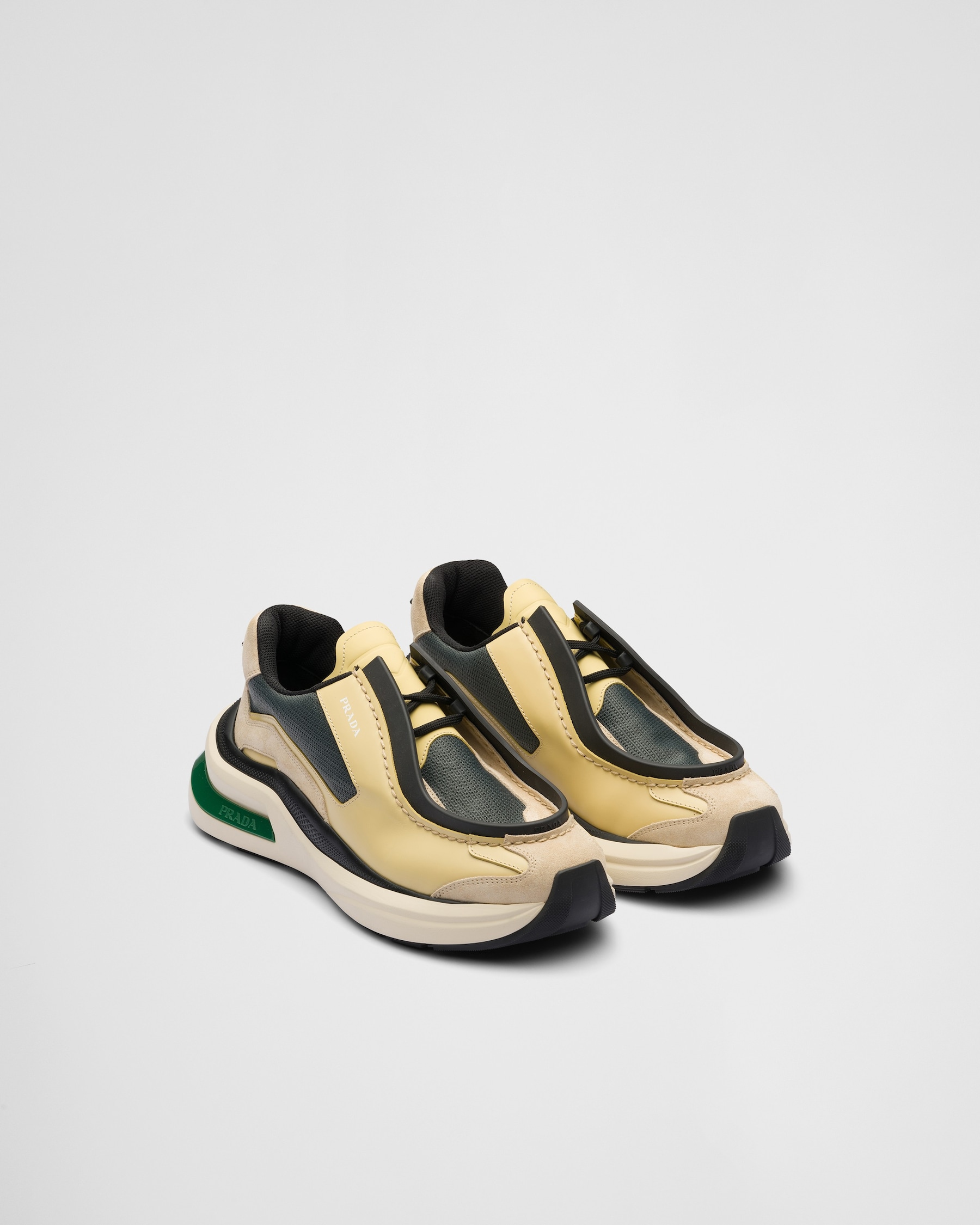 Vanilla/anthracite Systeme Brushed Leather Sneakers With Bike Fabric And Suede Elements | PRADA