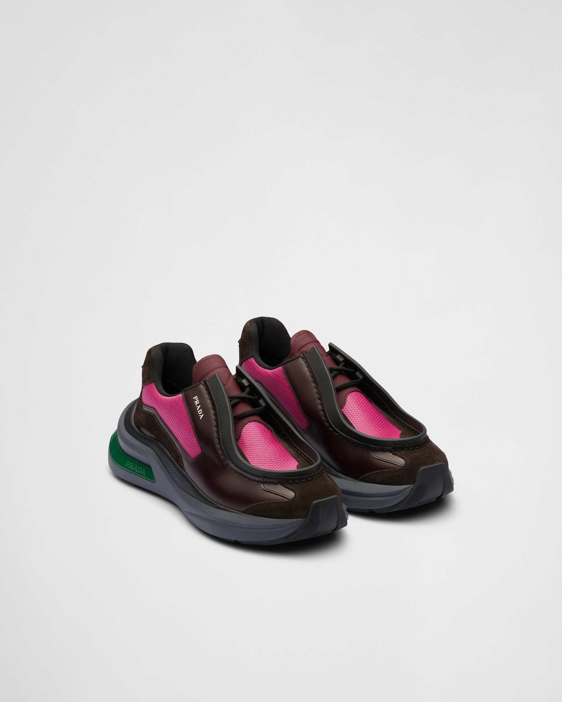 Garnet/peony Pink Systeme Brushed Leather Sneakers With Bike Fabric And Suede Elements | PRADA
