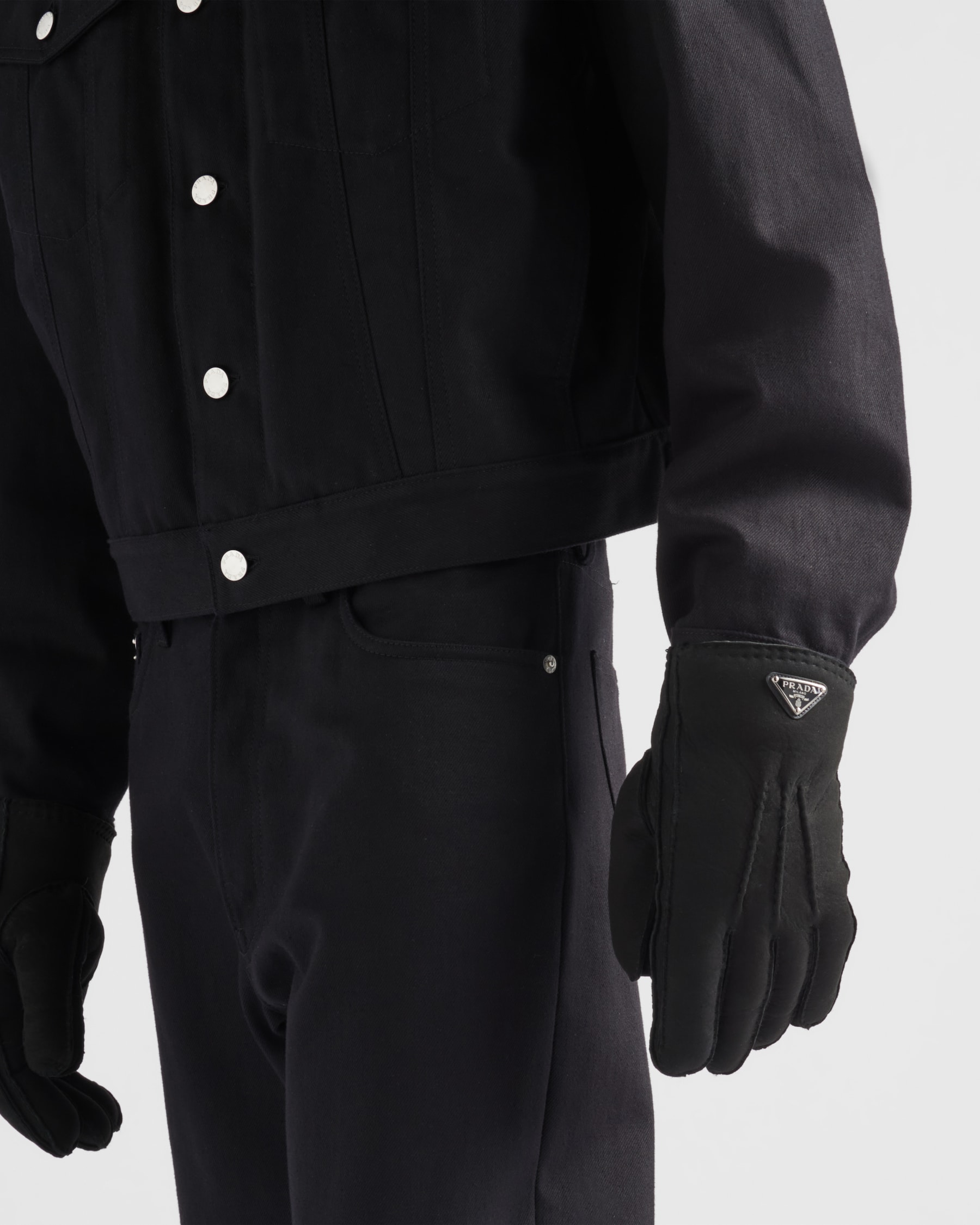 Black Suede Sheepskin Gloves | PRADA