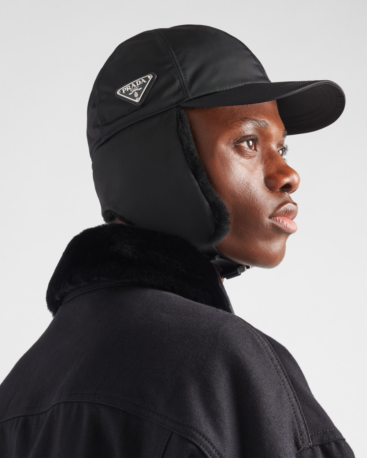 Black Re-nylon And Shearling Hat | PRADA