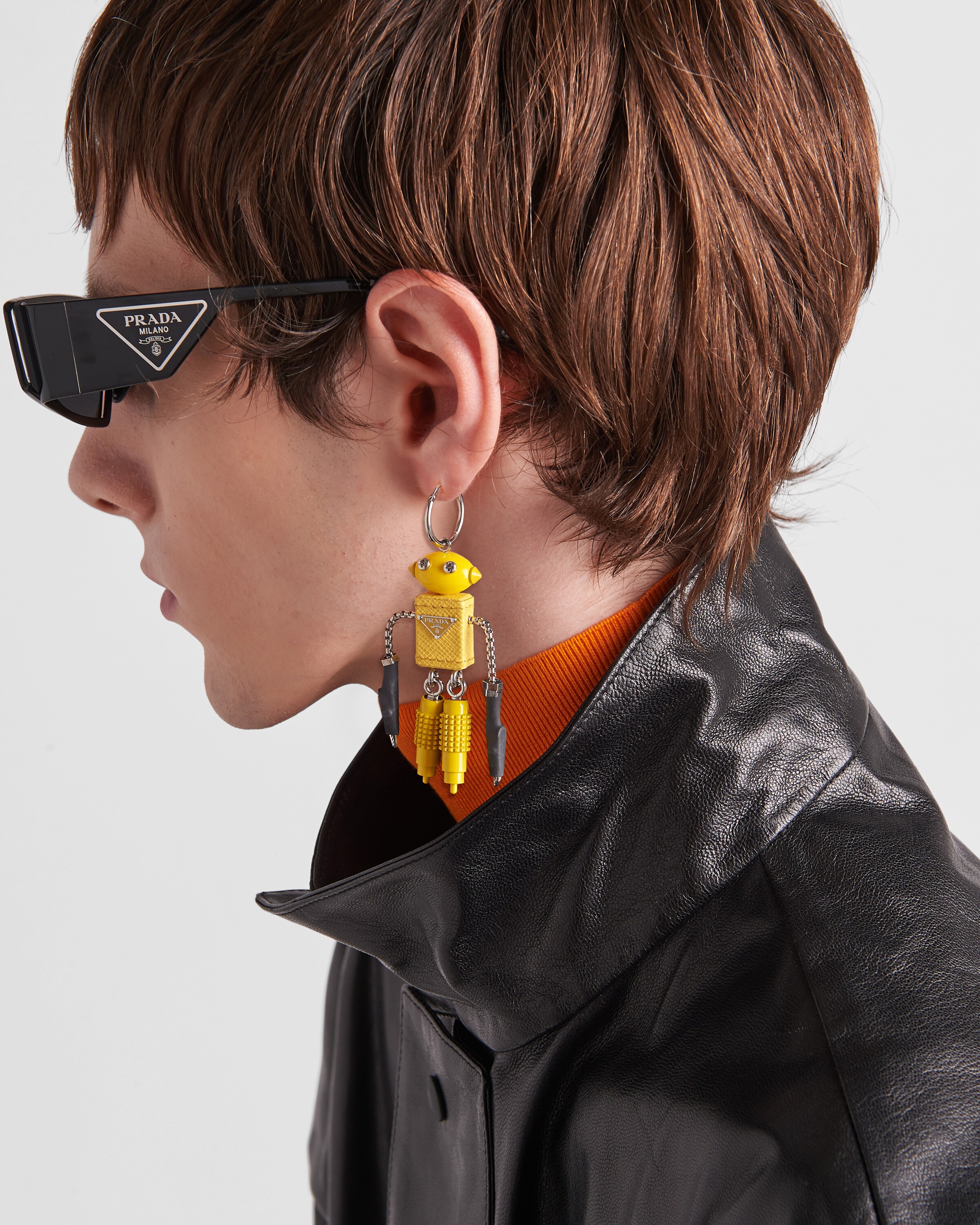 Sunny Yellow Robot Jewels Saffiano leather and metal earrings | Prada