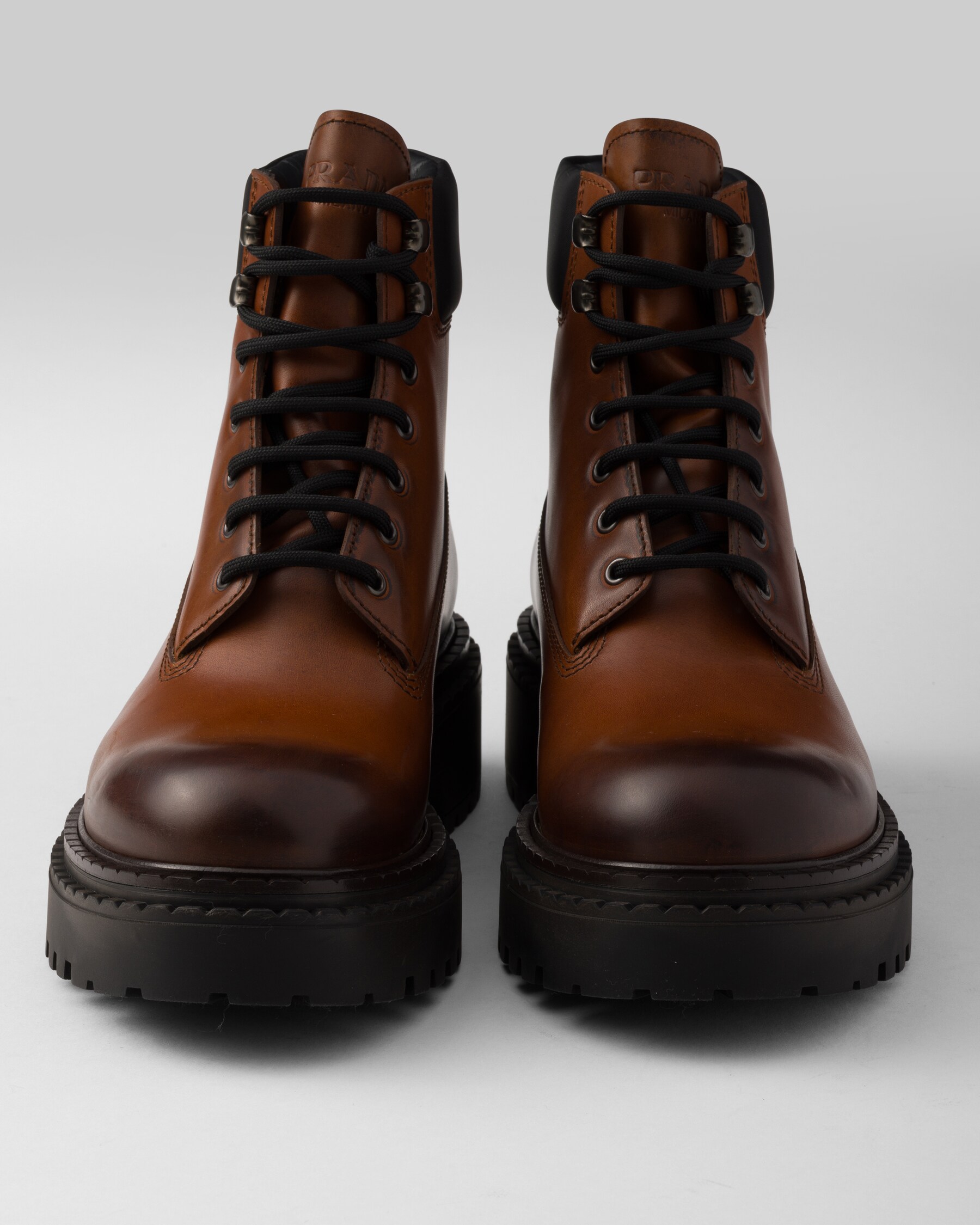 Cognac Leather And Re-nylon Work Boots | PRADA