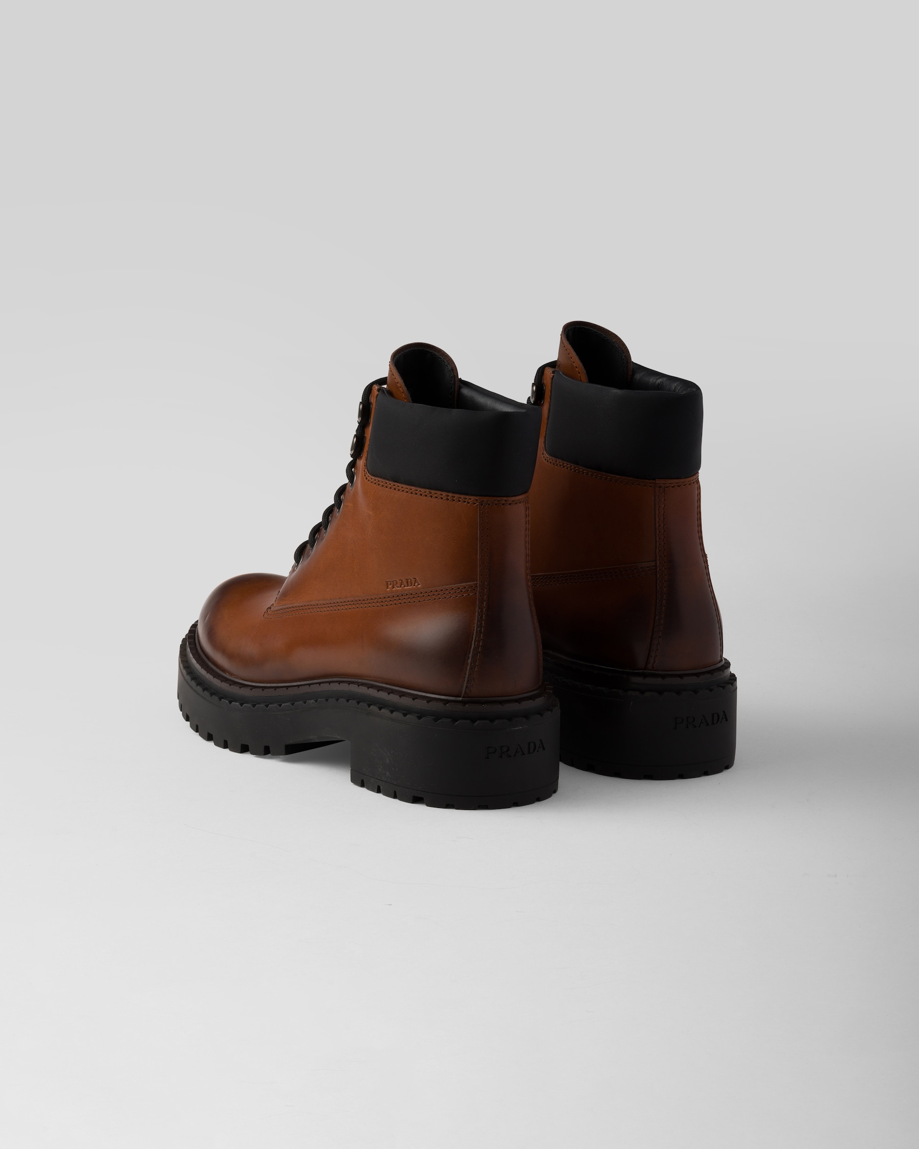 Cognac Leather And Re-nylon Work Boots | PRADA