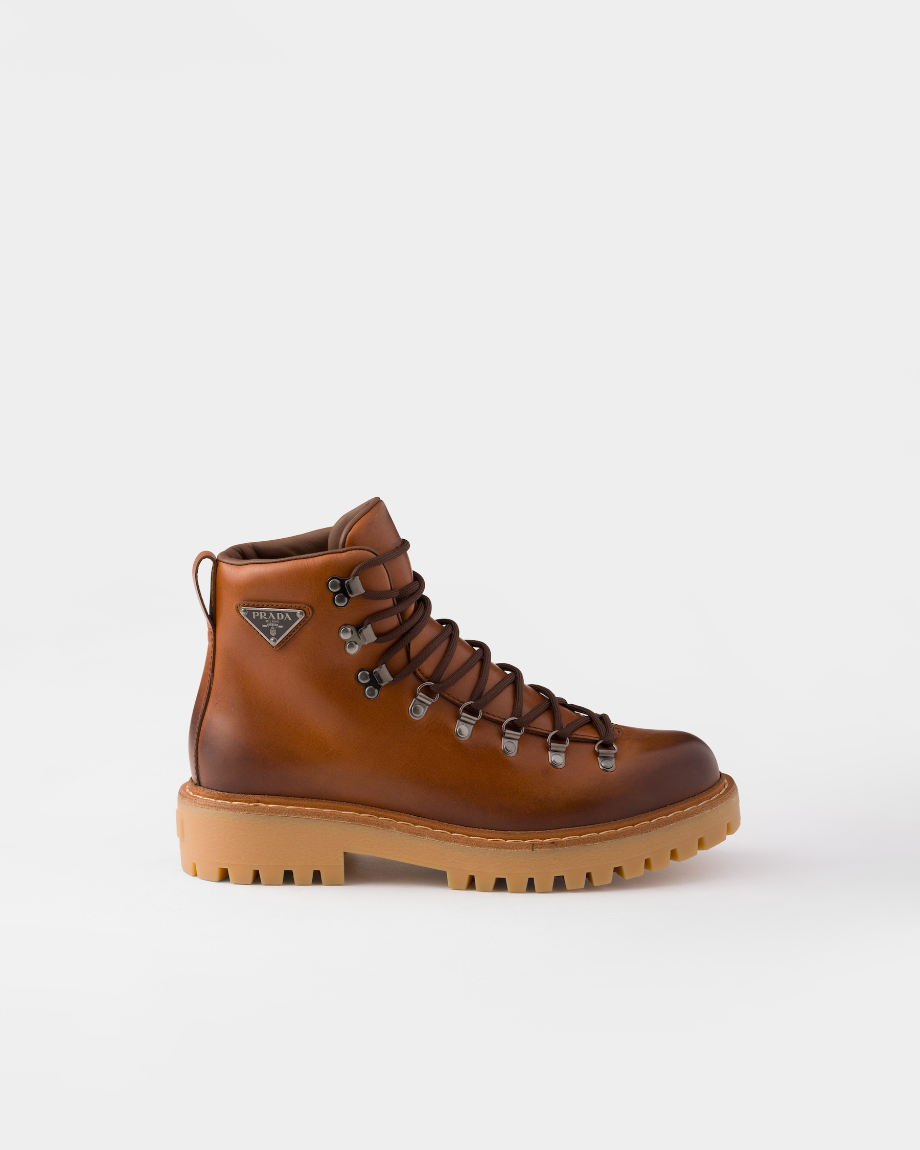 Cognac Laced Leather Booties | PRADA