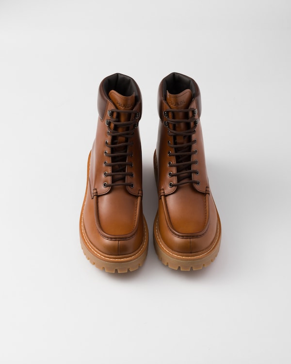 Cognac Leather Work Boots | PRADA