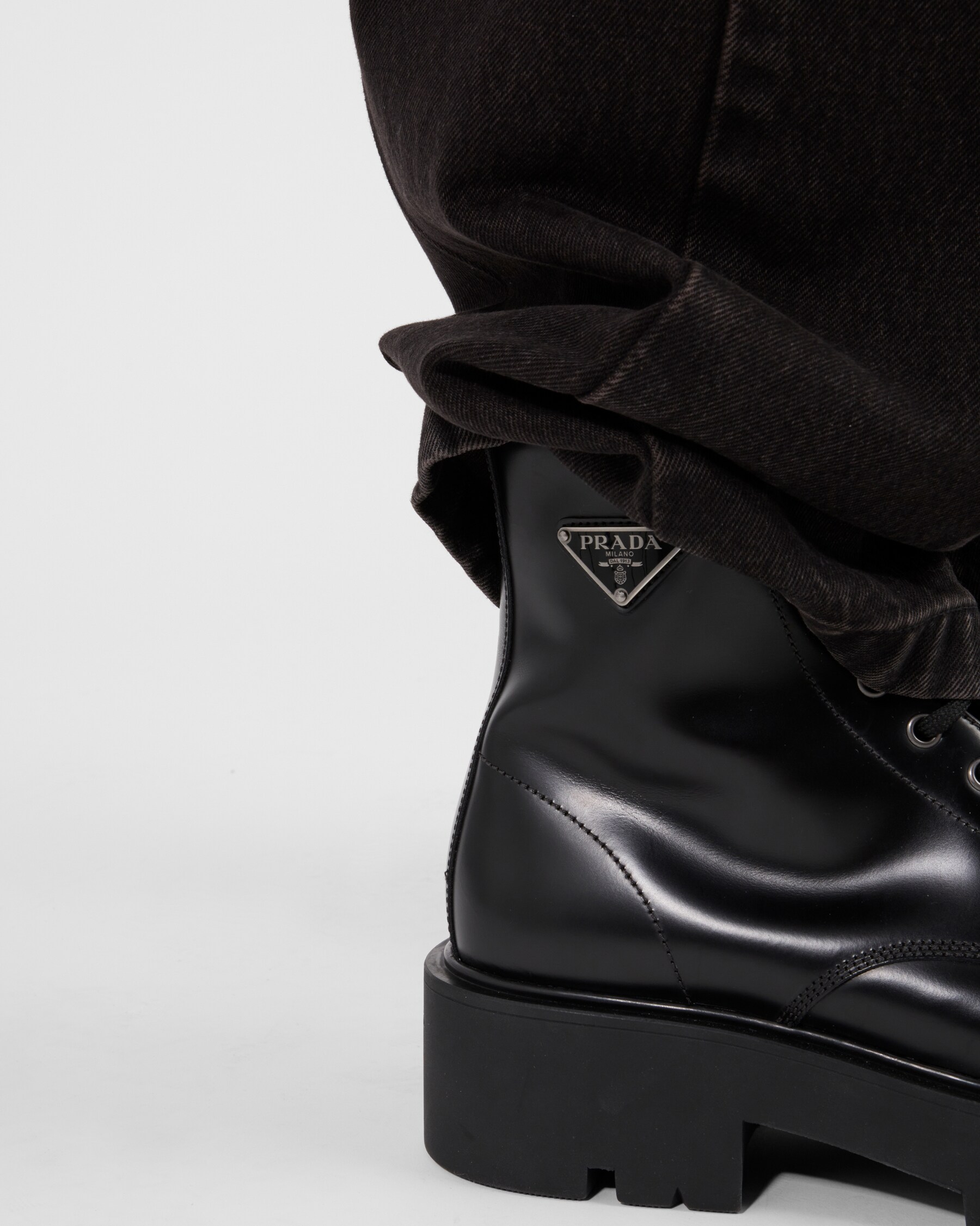 Black Brushed Leather Combat Boots | PRADA