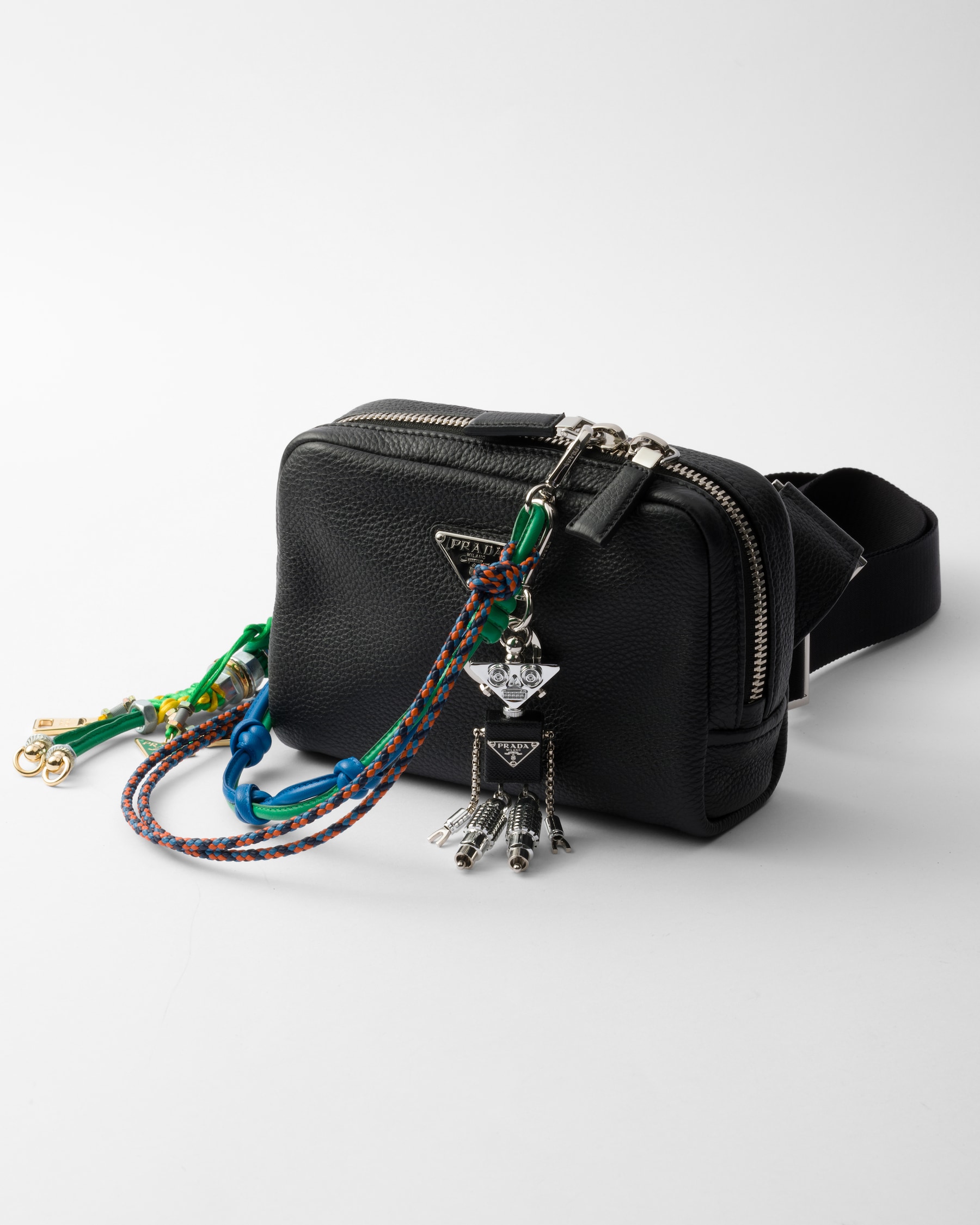 Steel/black Robot Saffiano Leather Keychain Charm | PRADA