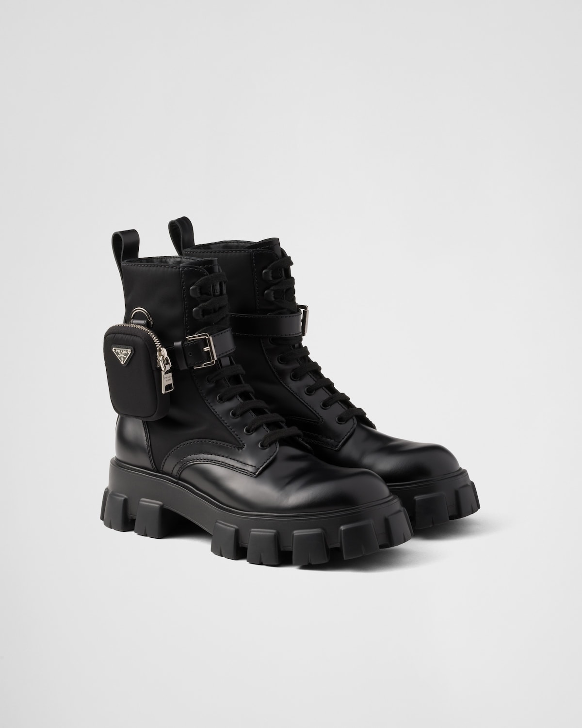 Black Monolith Brushed Leather And Re-nylon Boots With Pouch | PRADA ...