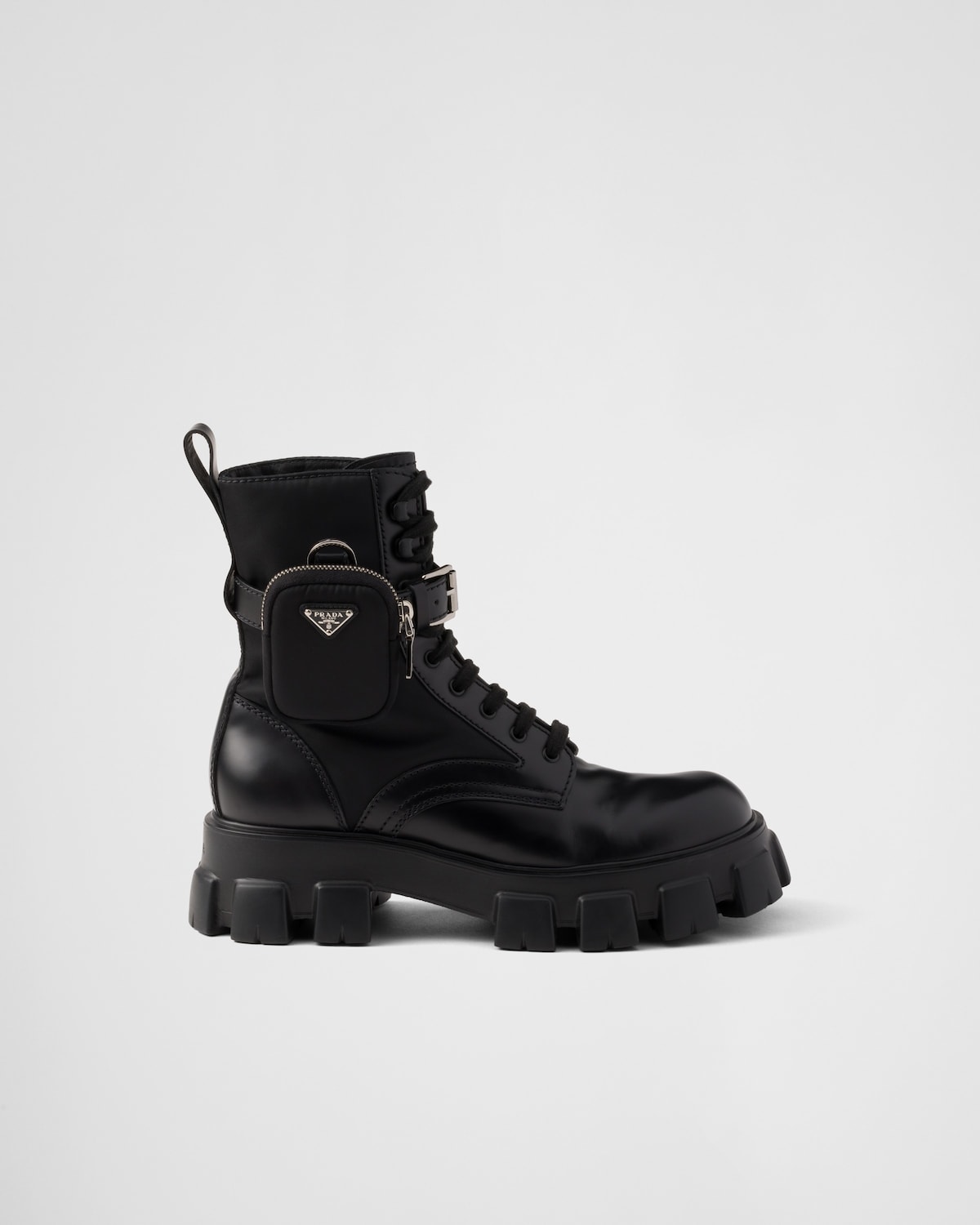 Black Monolith Brushed Leather And Re-nylon Boots With Pouch | PRADA
