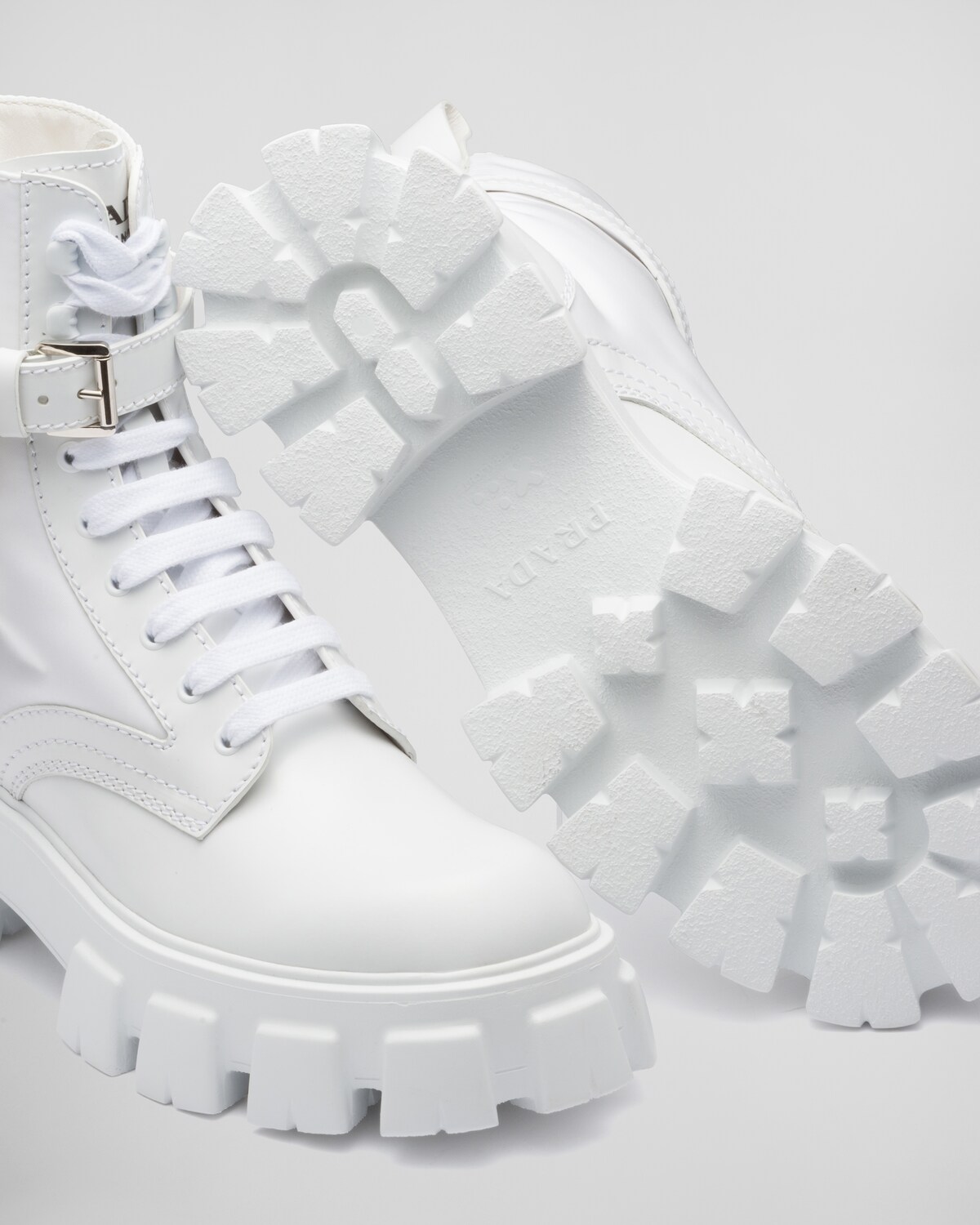 White Monolith Brushed Leather And Re-nylon Boots With Pouch | PRADA