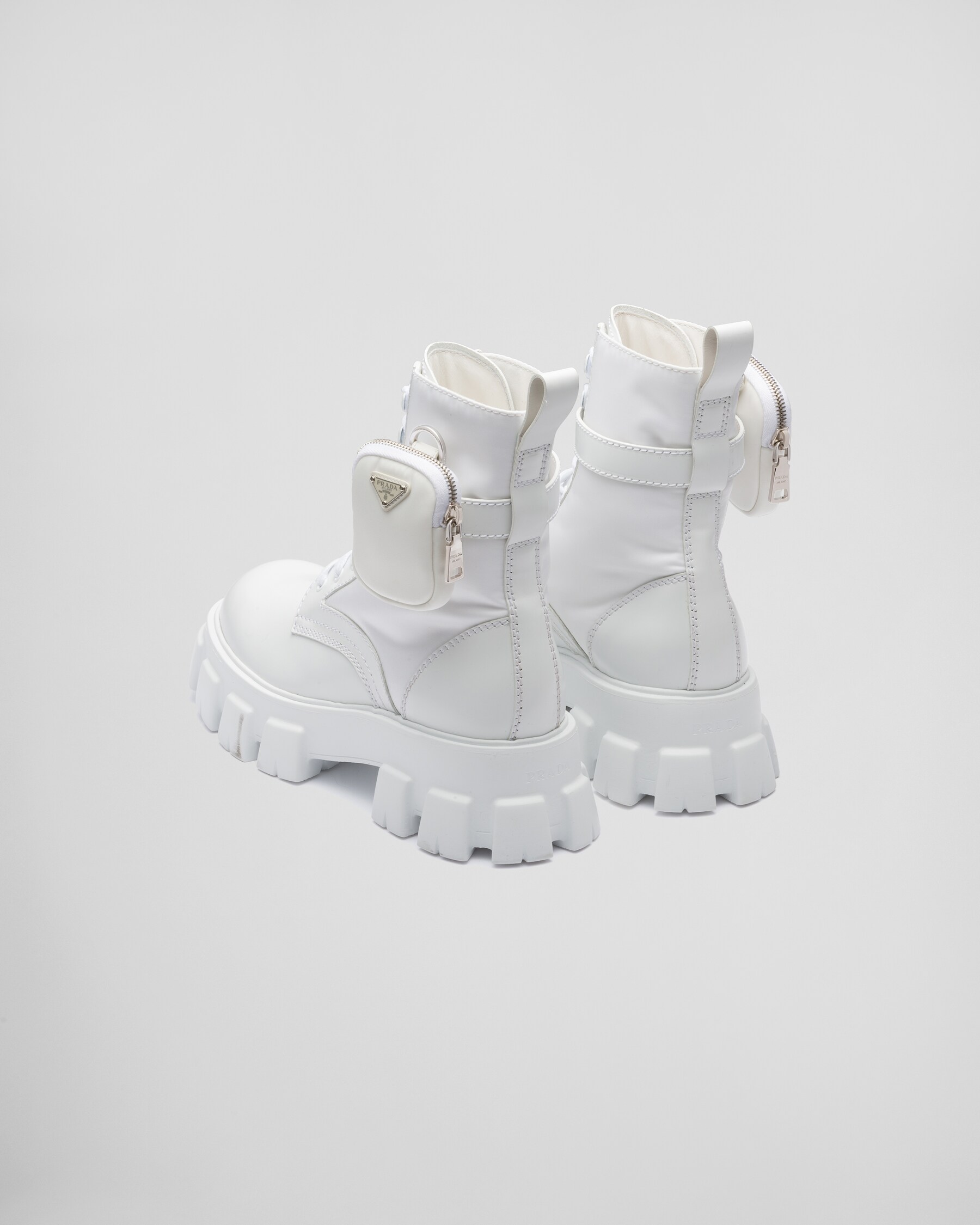 White Monolith Brushed Leather And Re-nylon Boots With Pouch | PRADA
