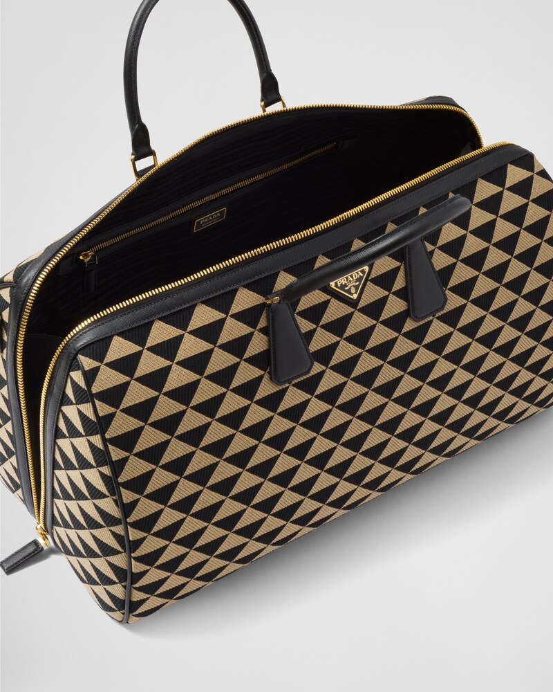 Black/beige Large Prada Symbole Embroidered Fabric Travel Bag | PRADA