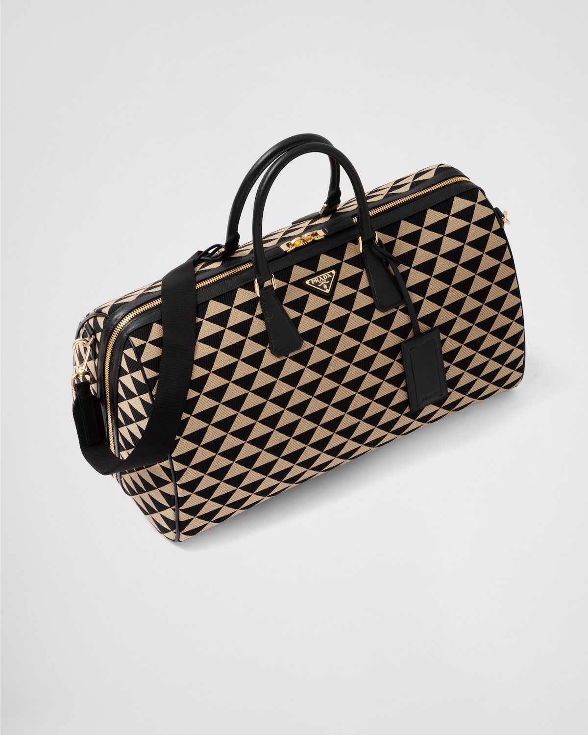 Black/beige Large Prada Symbole Embroidered Fabric Travel Bag | PRADA