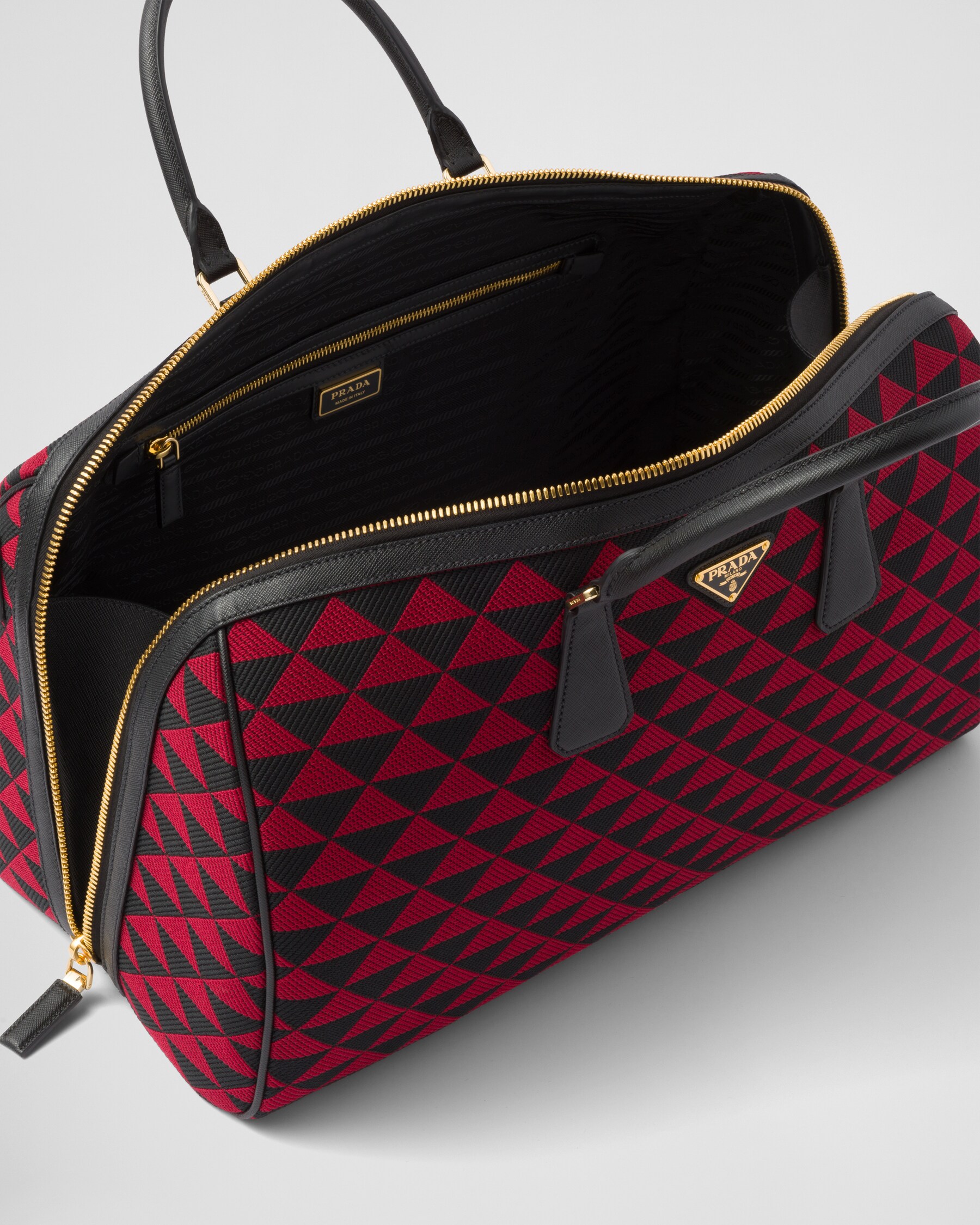 Black / Cherry Medium Prada Symbole Embroidered Fabric Travel Bag | PRADA