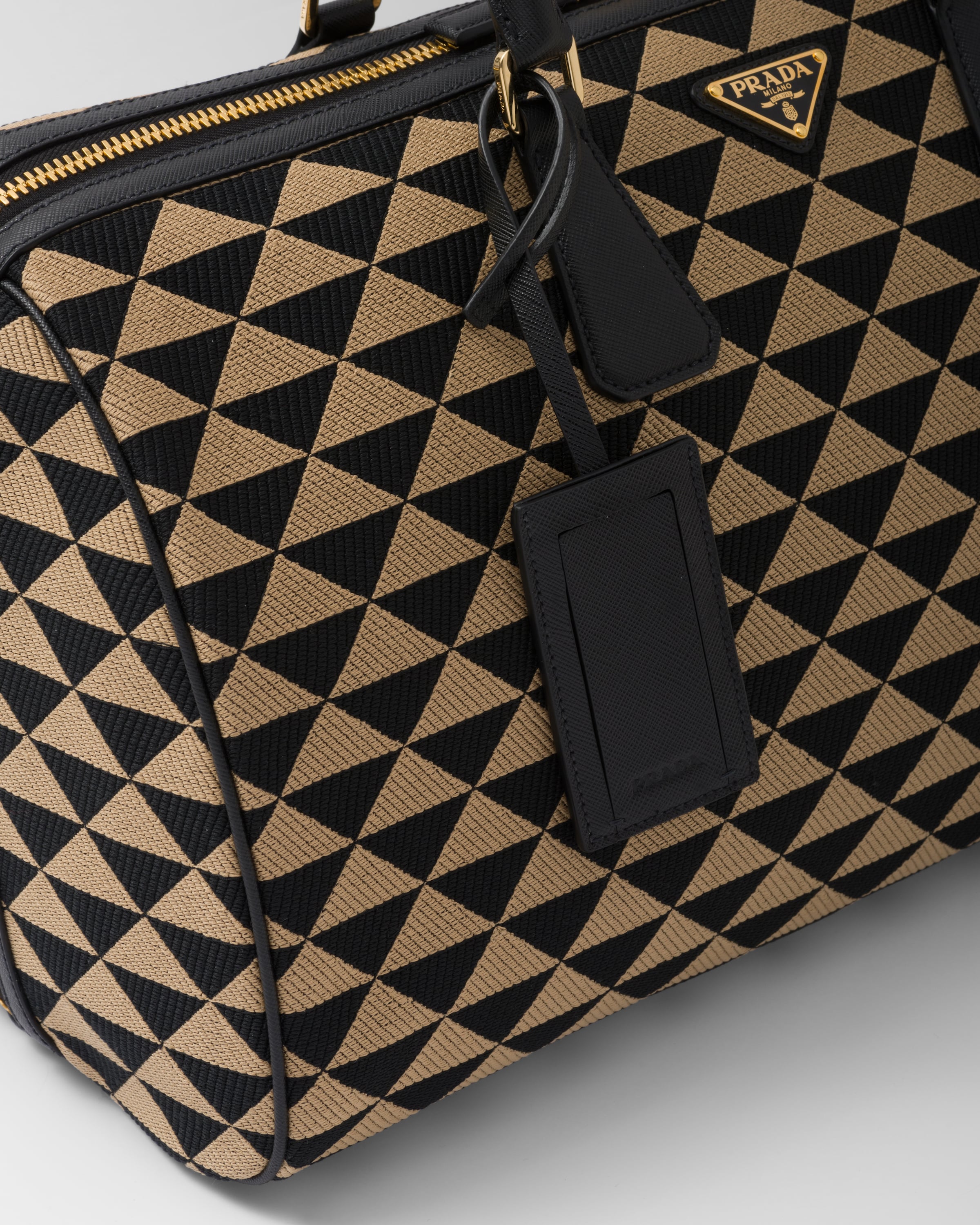 Black/beige Medium Prada Symbole Embroidered Fabric Travel Bag | PRADA
