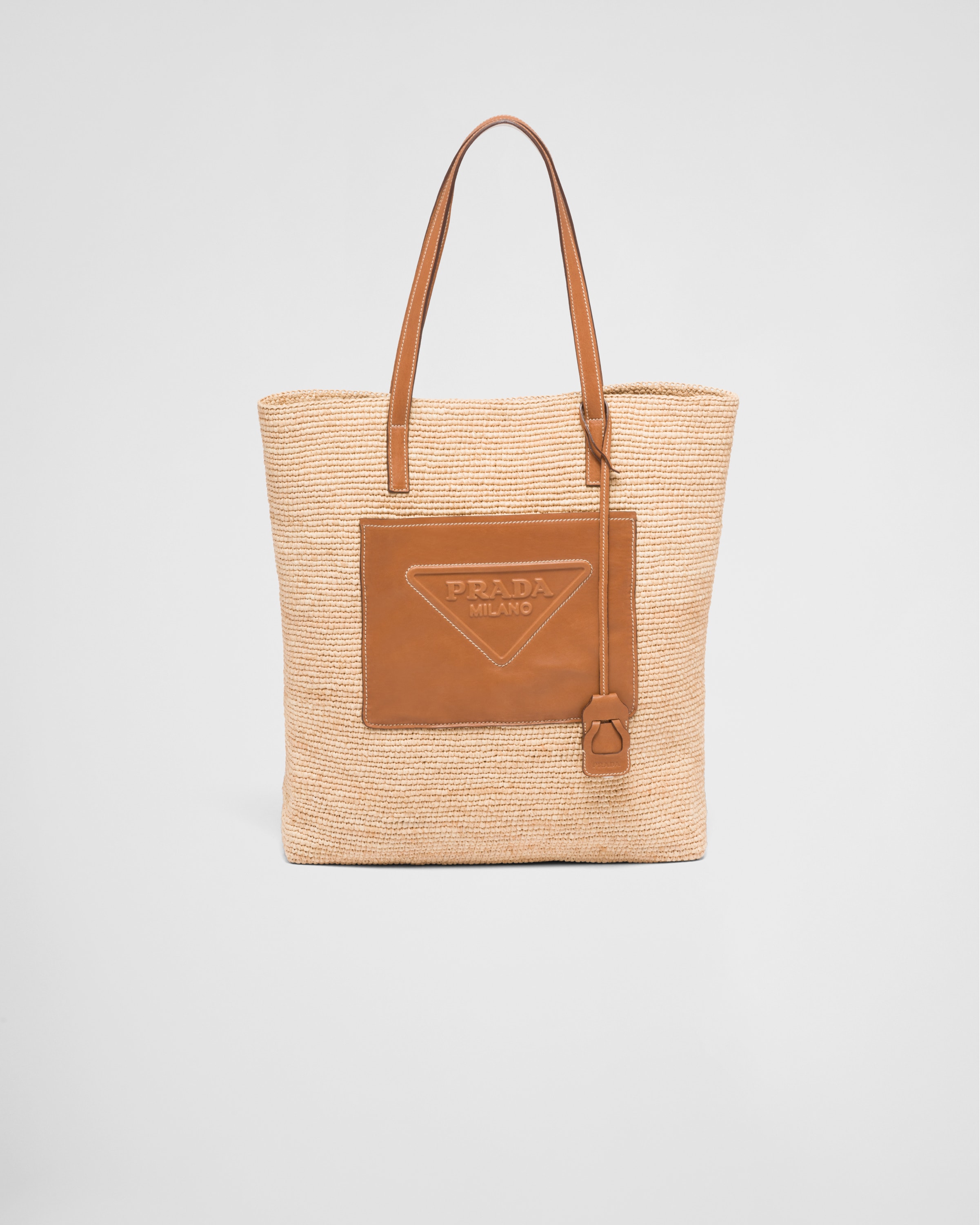 Tan/caramel Raffia and leather tote bag | Prada