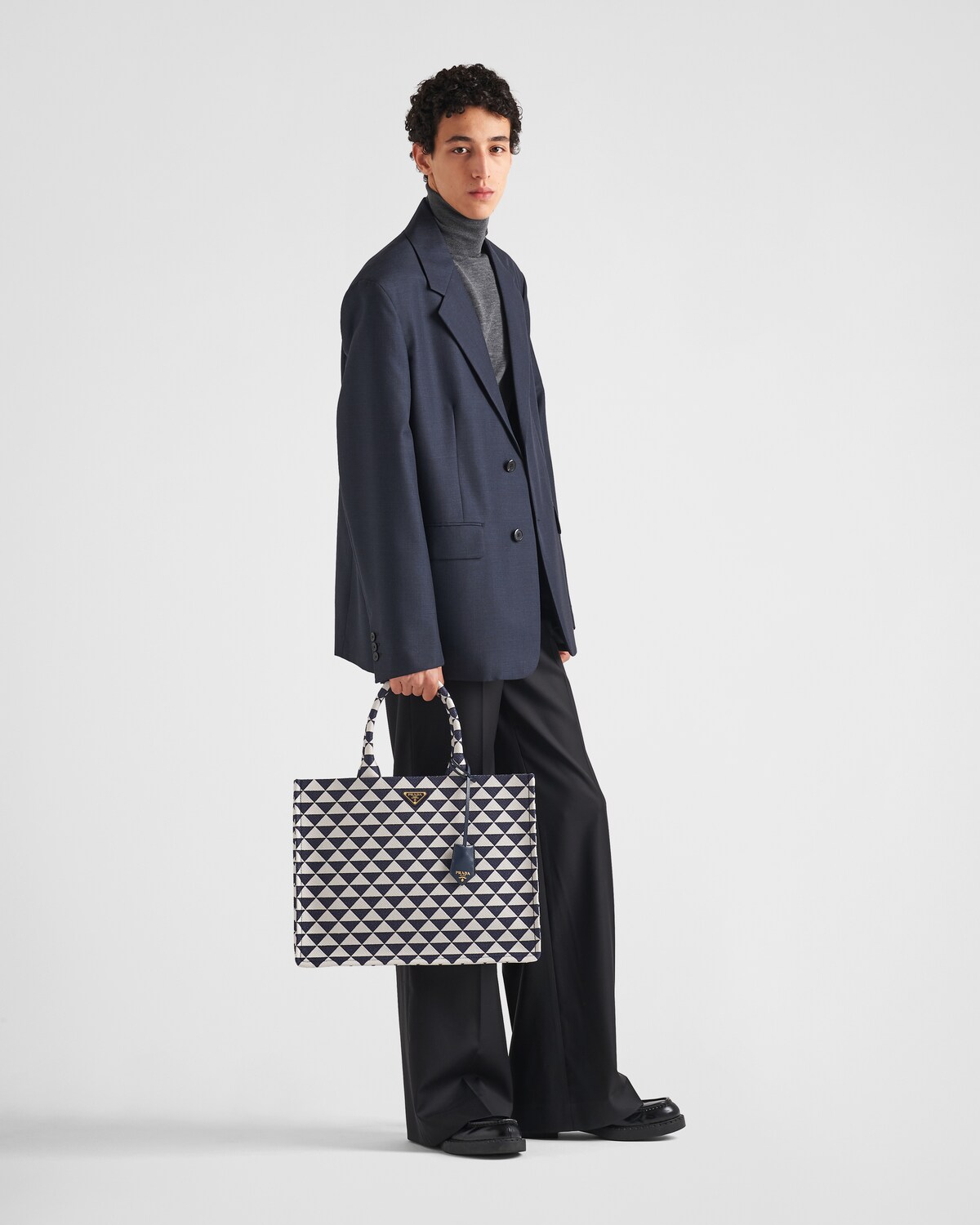 Baltic Blue/chalk White Prada Symbole Embroidered Fabric Tote Bag | PRADA