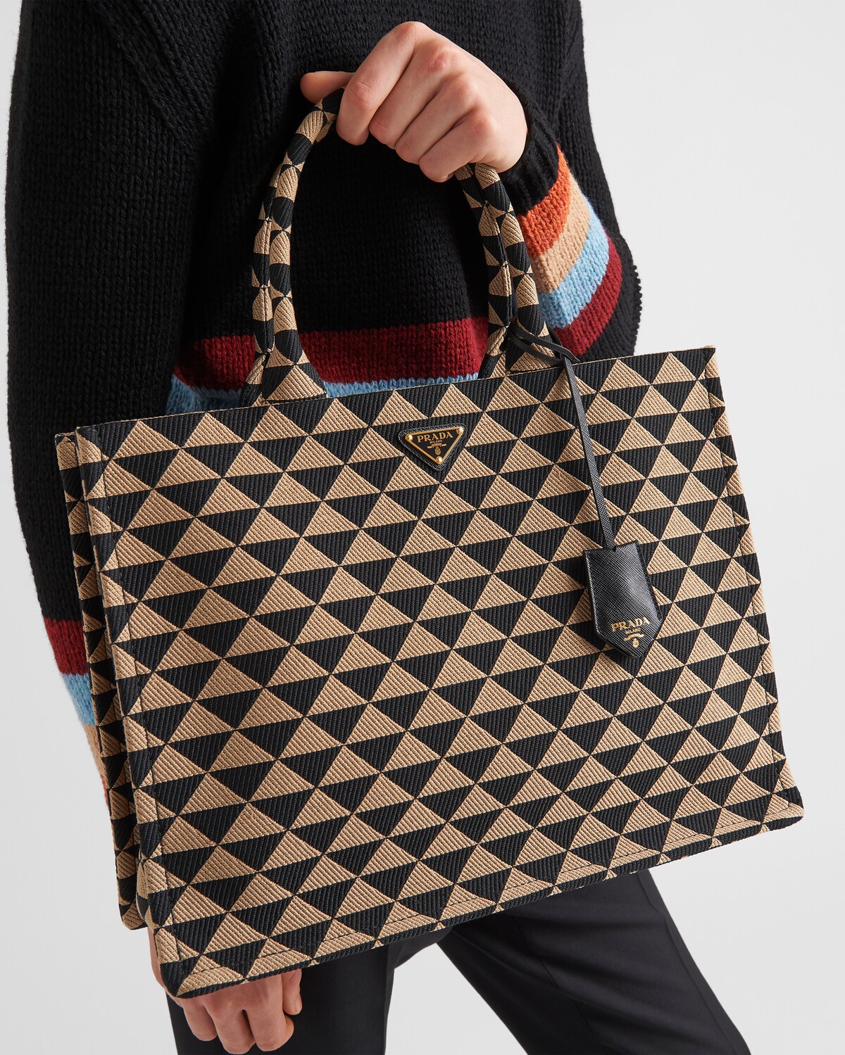 Black/beige Prada Symbole Embroidered Fabric Tote Bag | PRADA