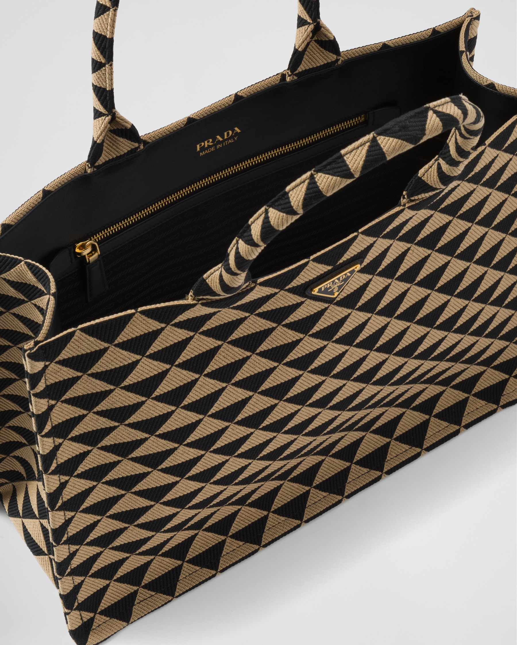 Black/beige Prada Symbole Embroidered Fabric Tote Bag | PRADA