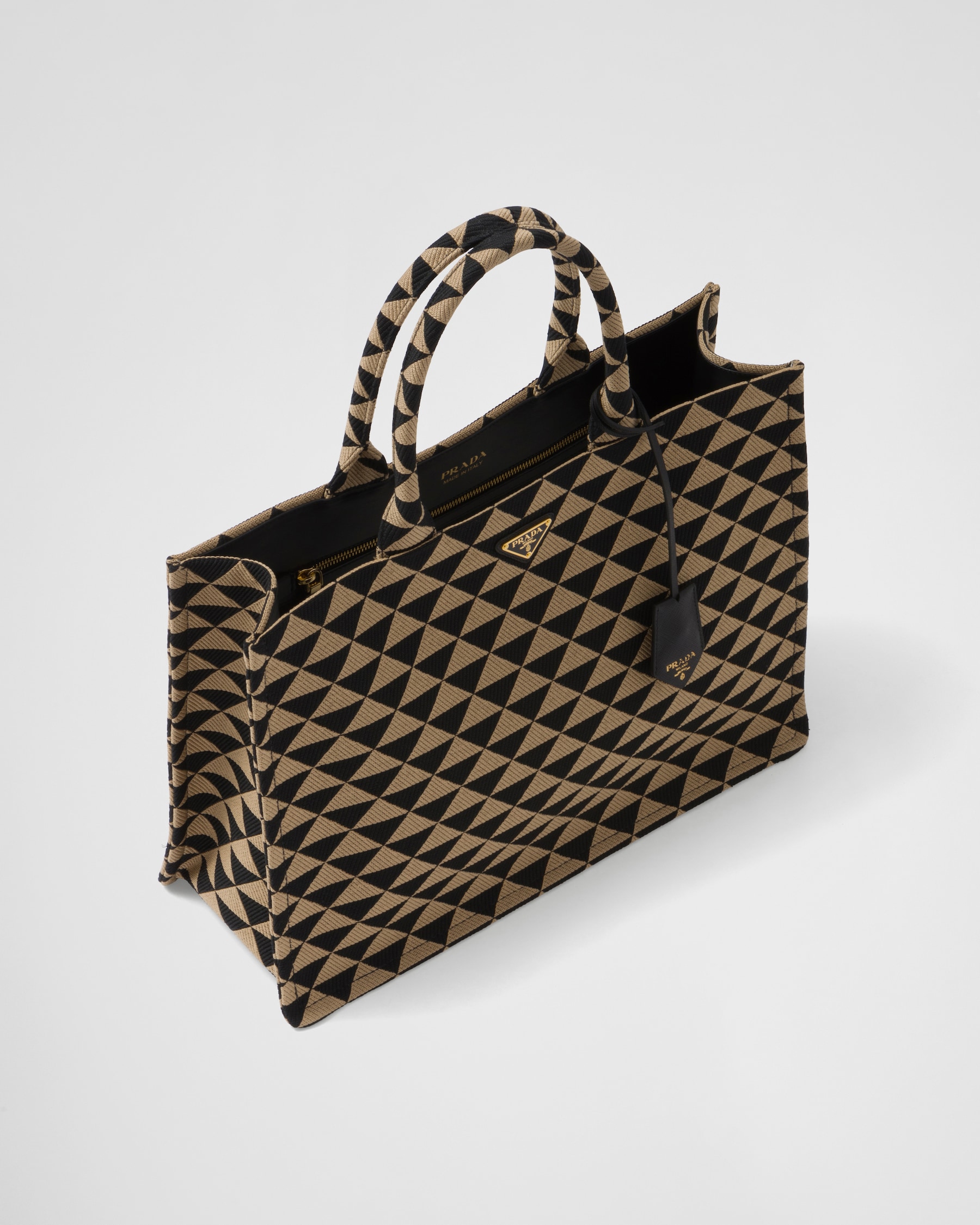 Black/beige Prada Symbole Embroidered Fabric Tote Bag | PRADA