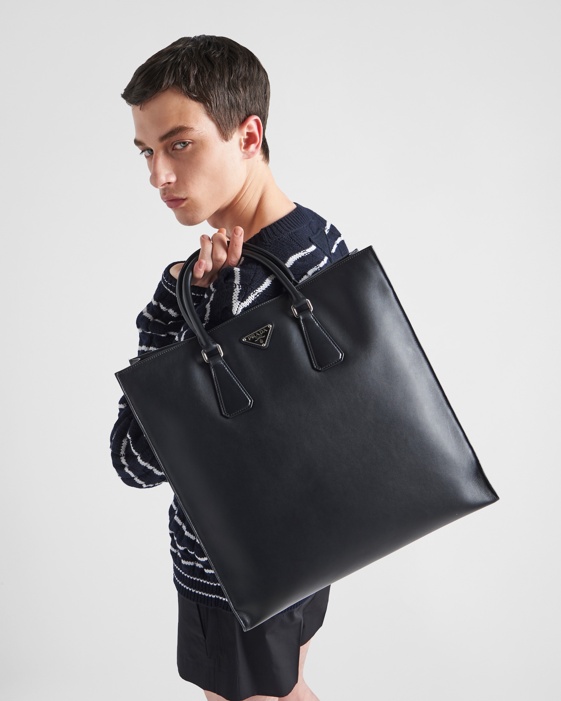Black Leather Tote Bag With Shoulder Strap | PRADA