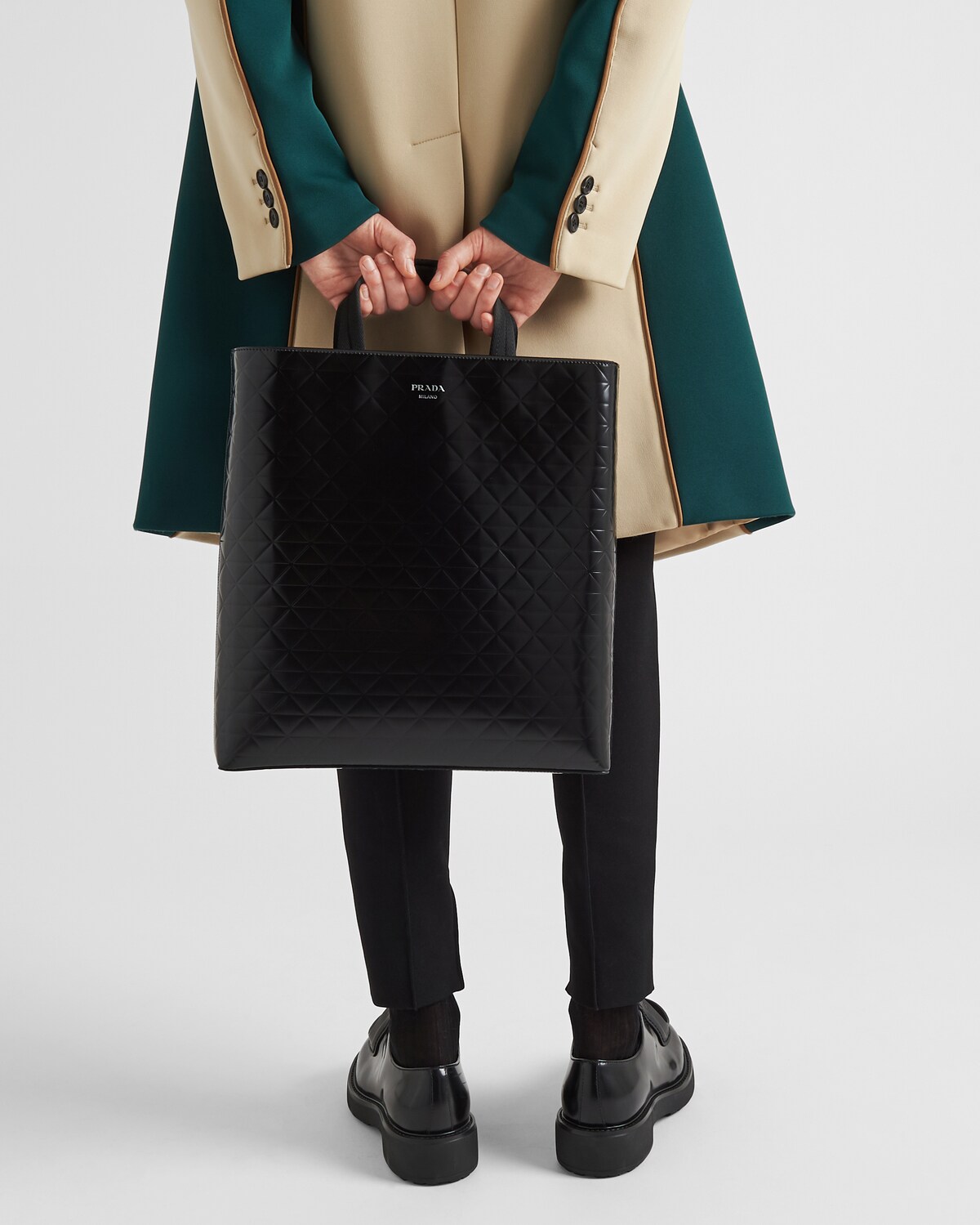Black Brushed Leather Tote Bag With Water Bottle | PRADA
