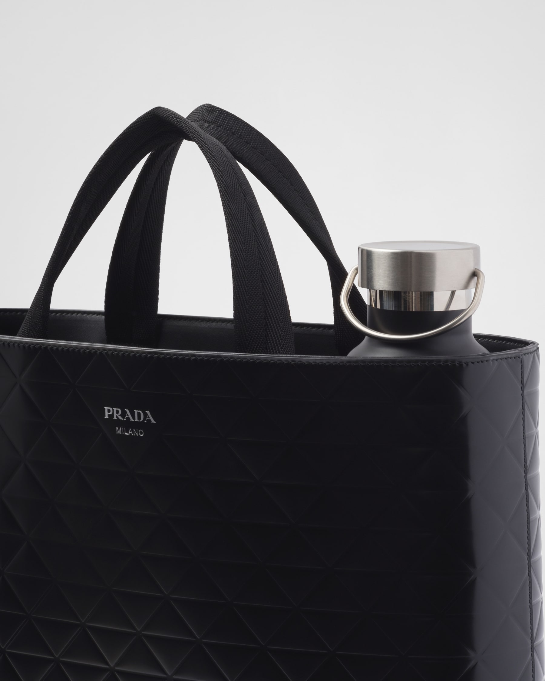 Black Brushed Leather Tote Bag With Water Bottle | PRADA