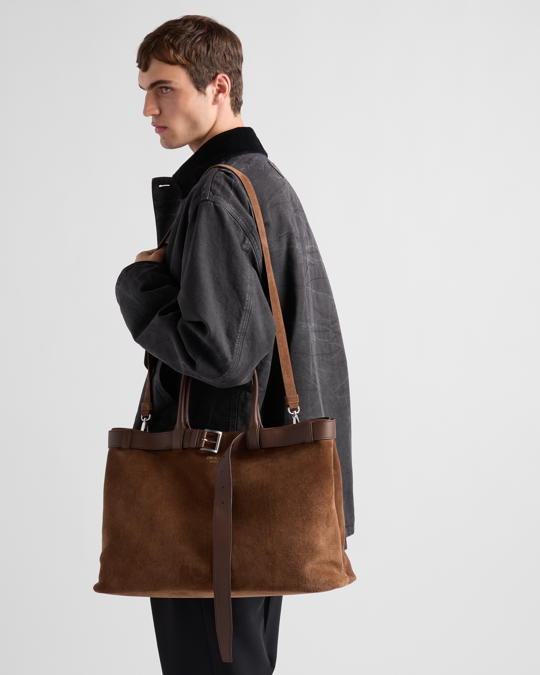 Cocoa Brown Prada Buckle Suede Bag With Belt | PRADA