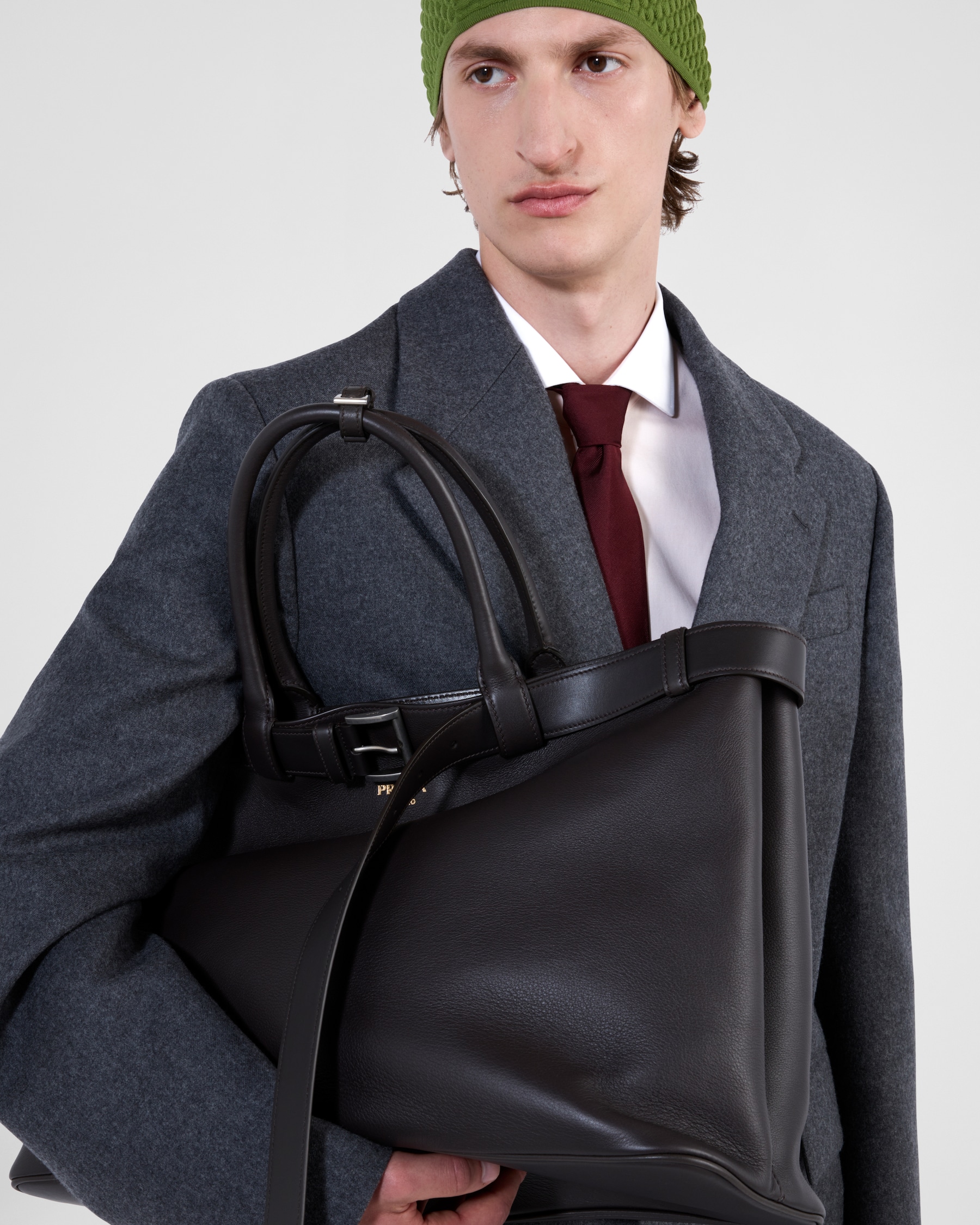 Dark Brown Prada Buckle Leather Bag With Belt | PRADA