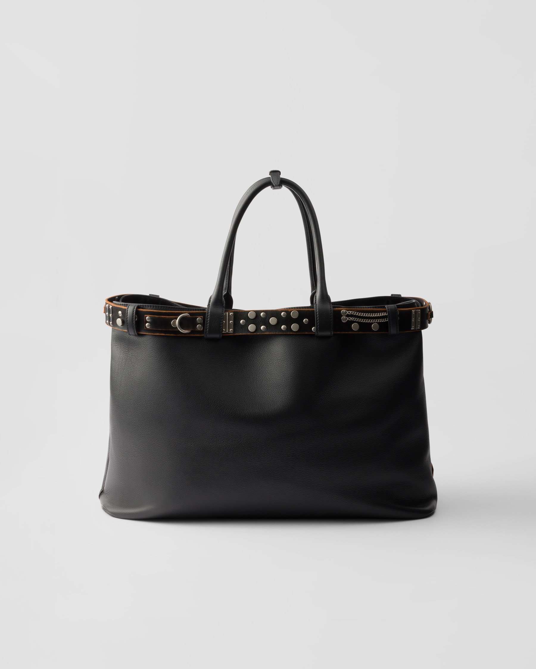 Black Prada Buckle Leather Bag With Studded Belt | PRADA
