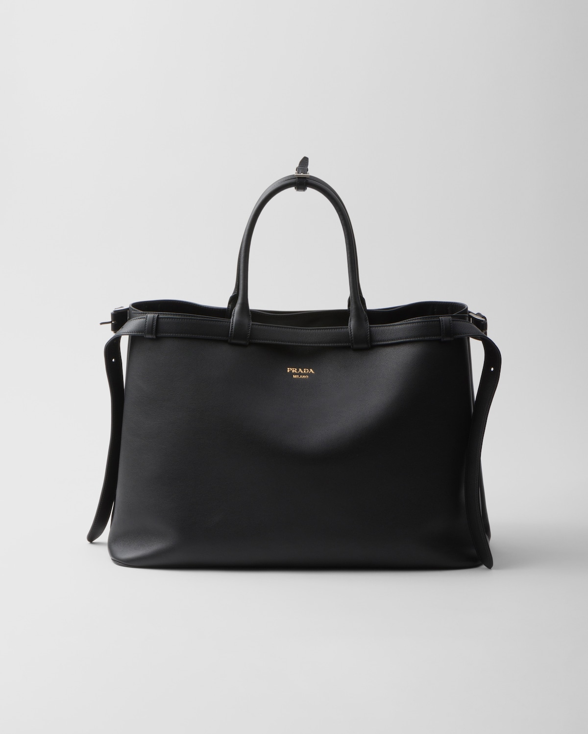 Black Prada Buckle Leather Handbag With Double Belt | PRADA