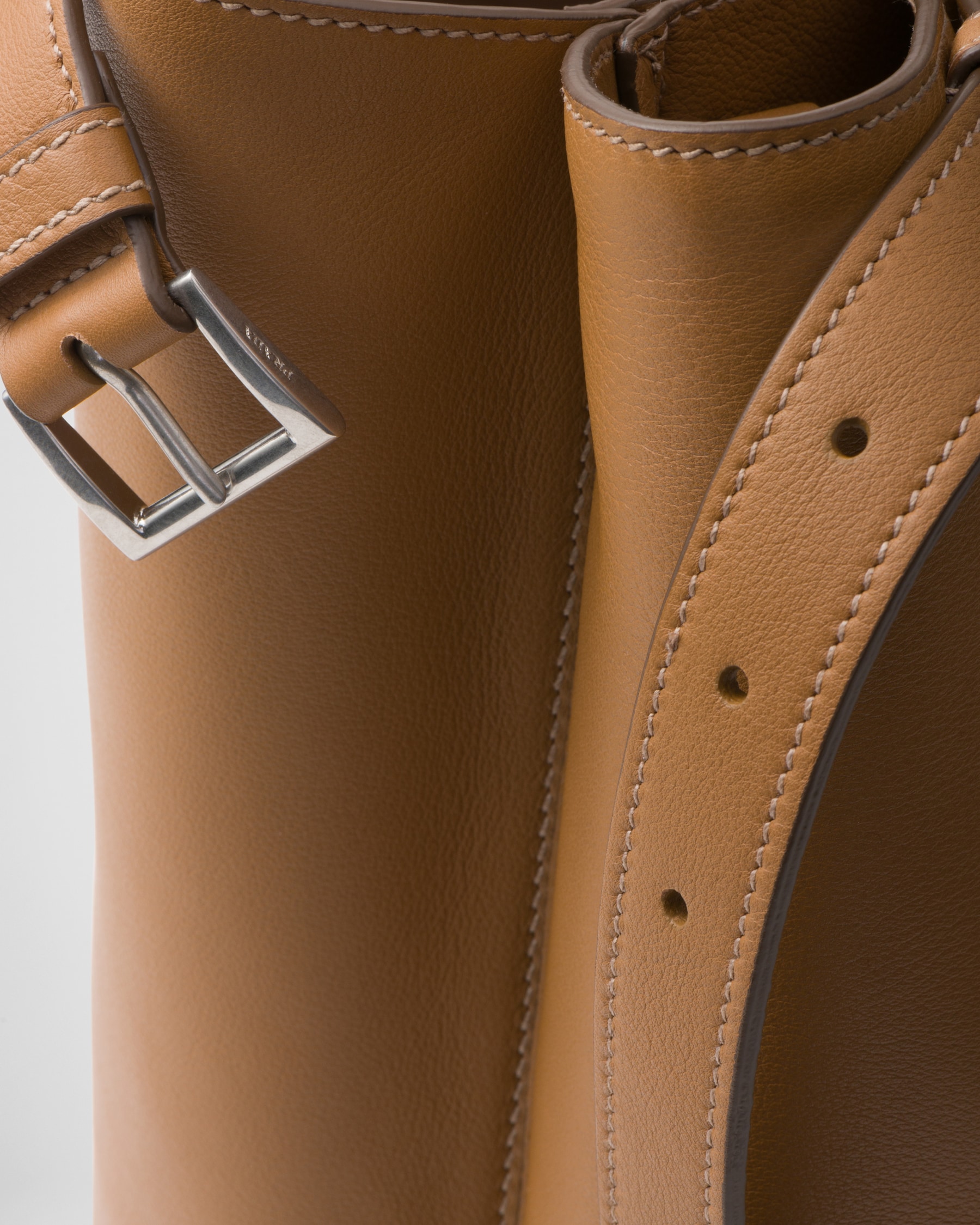 Caramel Prada Buckle Leather Handbag With Double Belt | PRADA