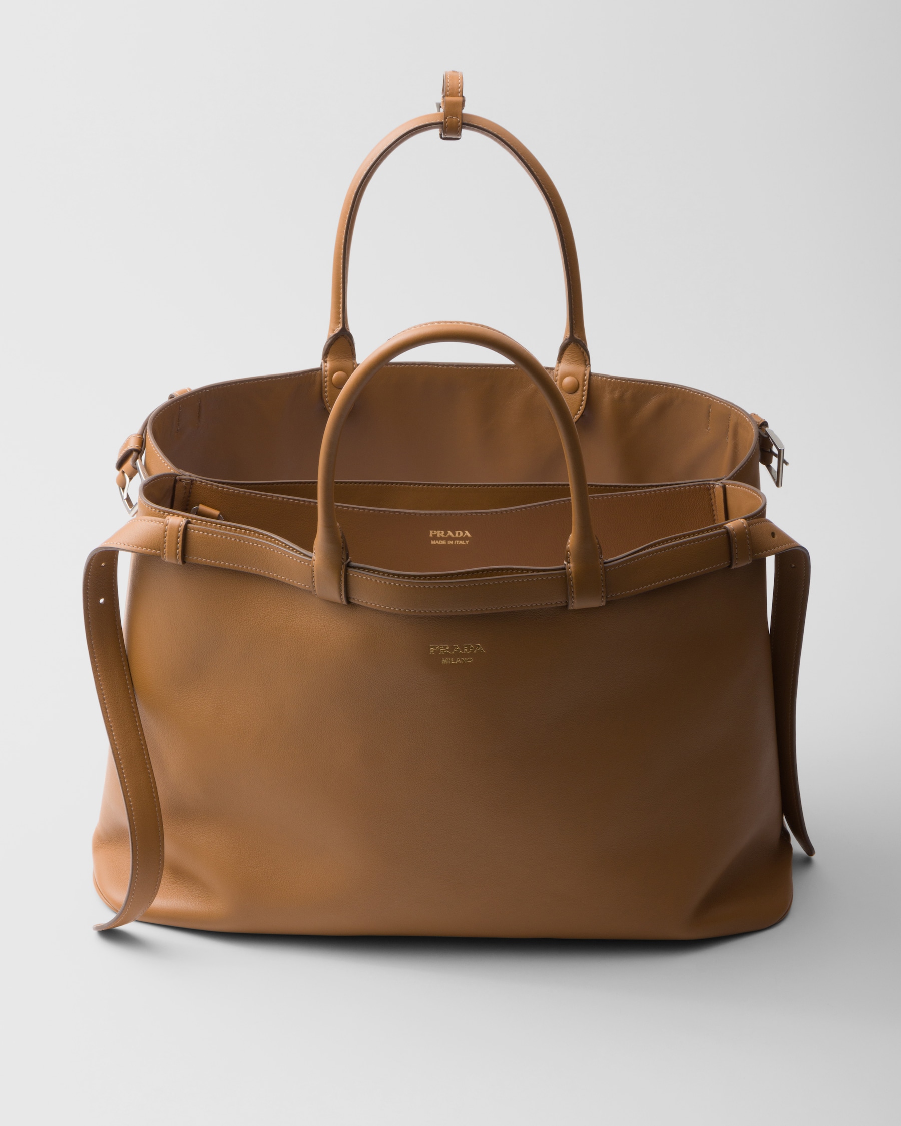 Caramel Prada Buckle Leather Handbag With Double Belt | PRADA