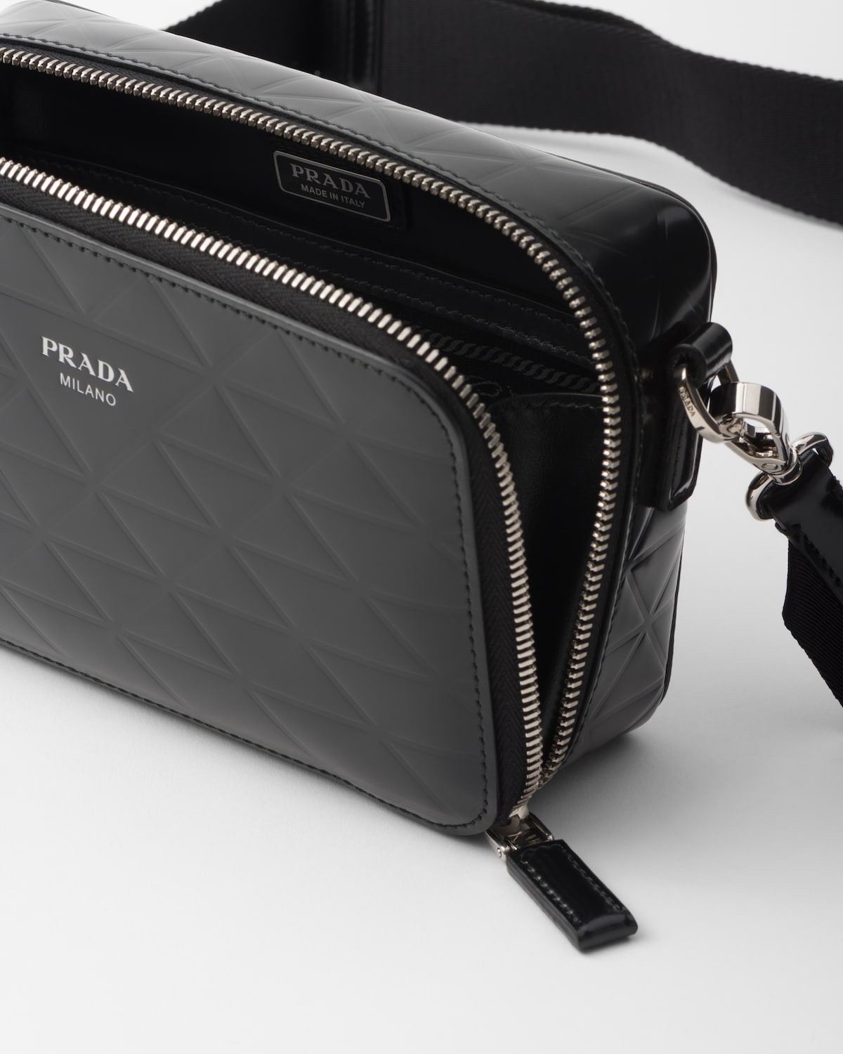 Black Prada Brique Brushed Leather Bag With Triangle Motif | PRADA