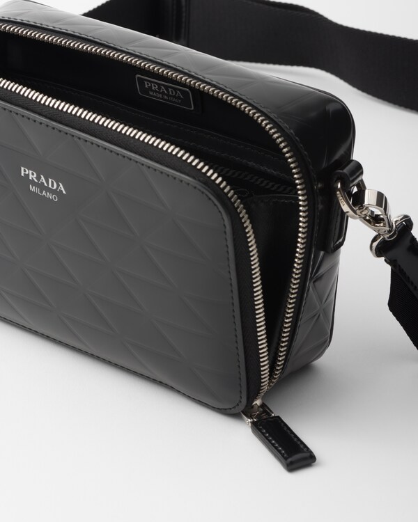 Black Prada Brique Brushed Leather Bag With Triangle Motif | PRADA